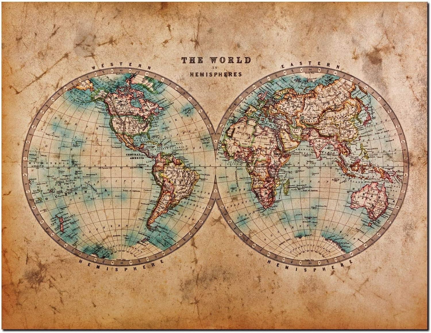 Póster de 212380 con diseño de mapa del mundo en hemisferios 1800, 24 x ...