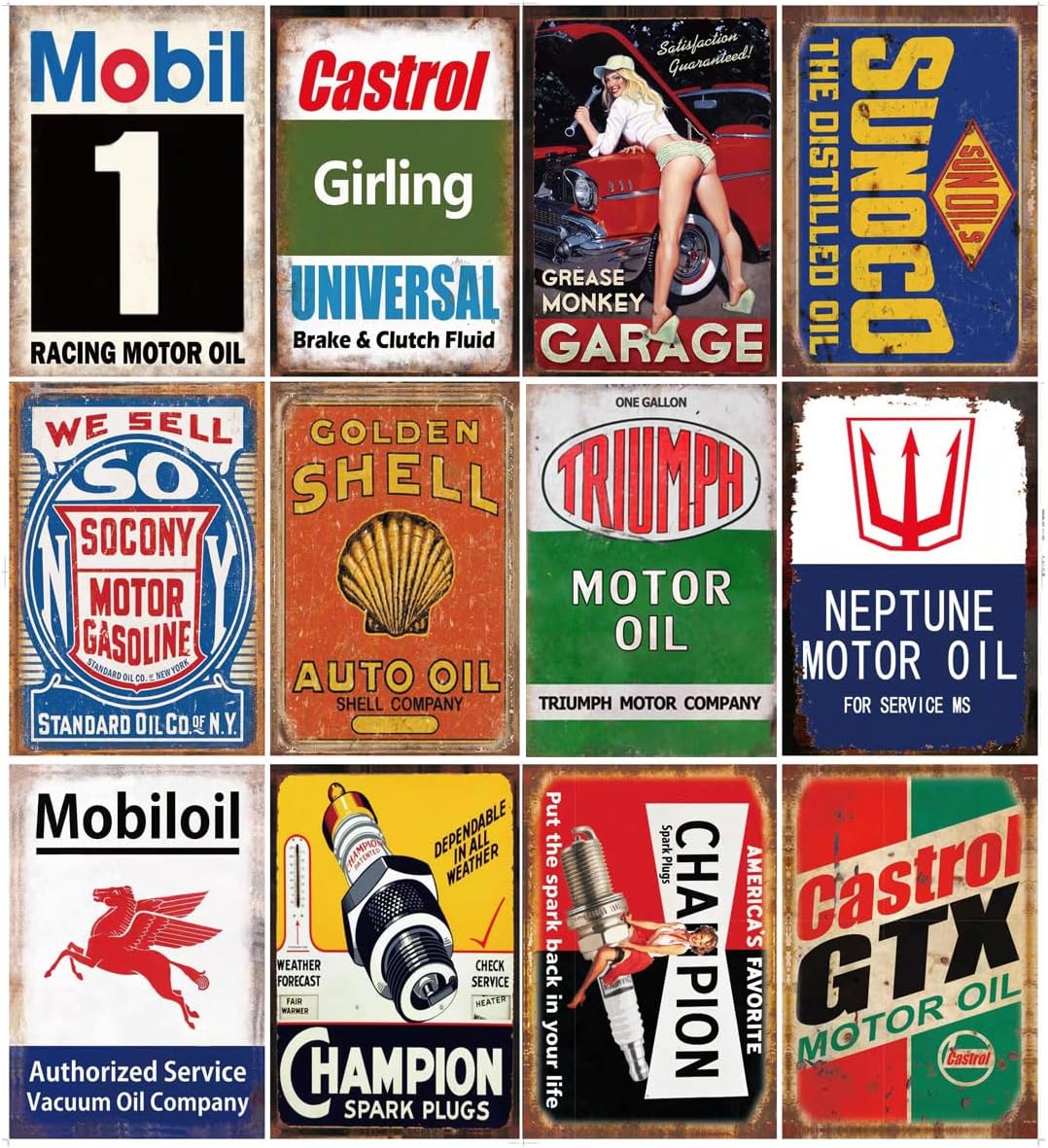 Amazon.com: 12 Pieces Gas and Oil Tin Signs, Retro Vintage Metal Sign ...