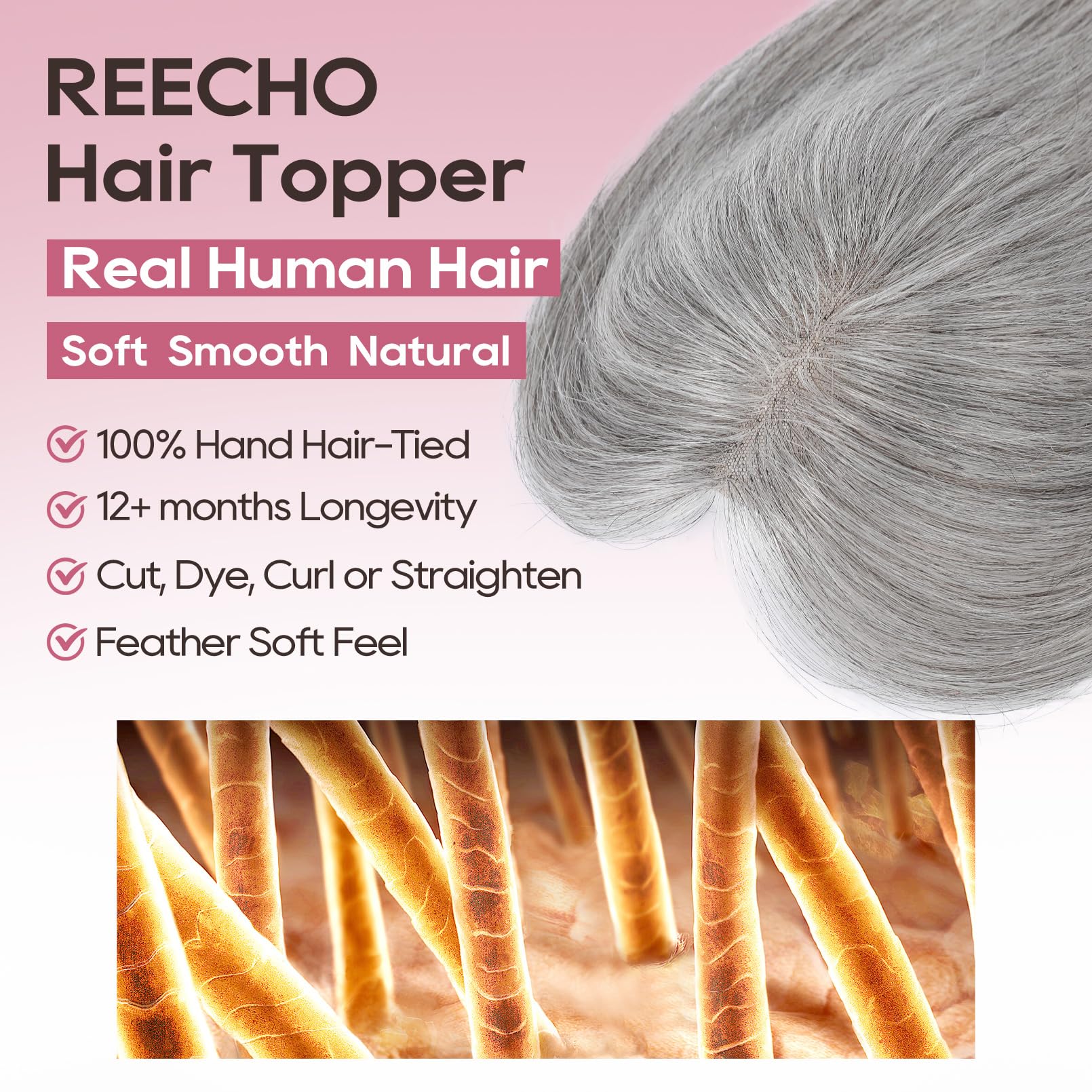 REECHO Real Human Hair Topper, 10 inch Women Hair Toppers for Thinning Hair, 100 Percent Human ...