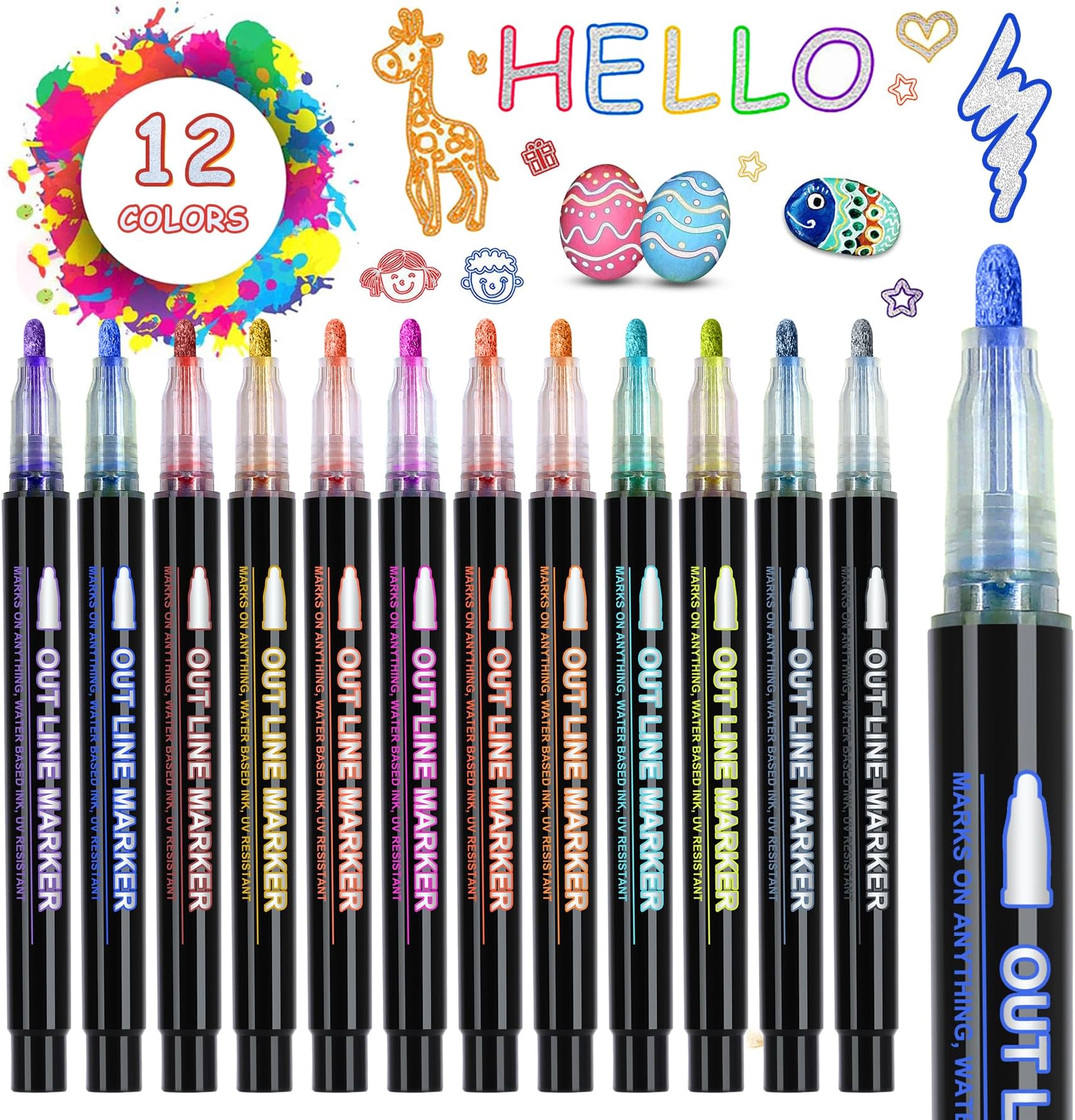 iaHOME Glitter Pens Outline Pens, 12 Double Line Outline Pens Metallic ...