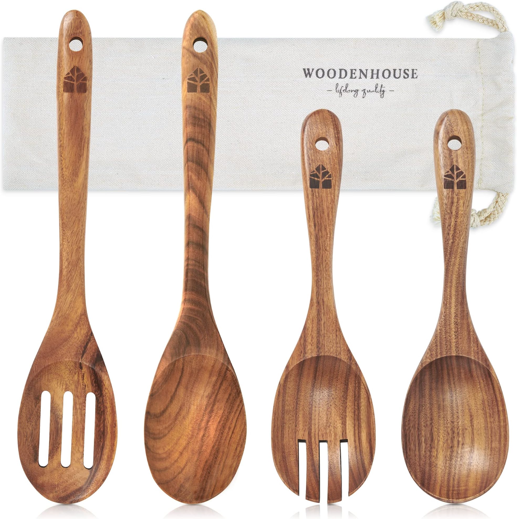 BICB Wooden Cooking Oval Spoons - 8”, 10”, 12”, 14” Long Mixing Set ...