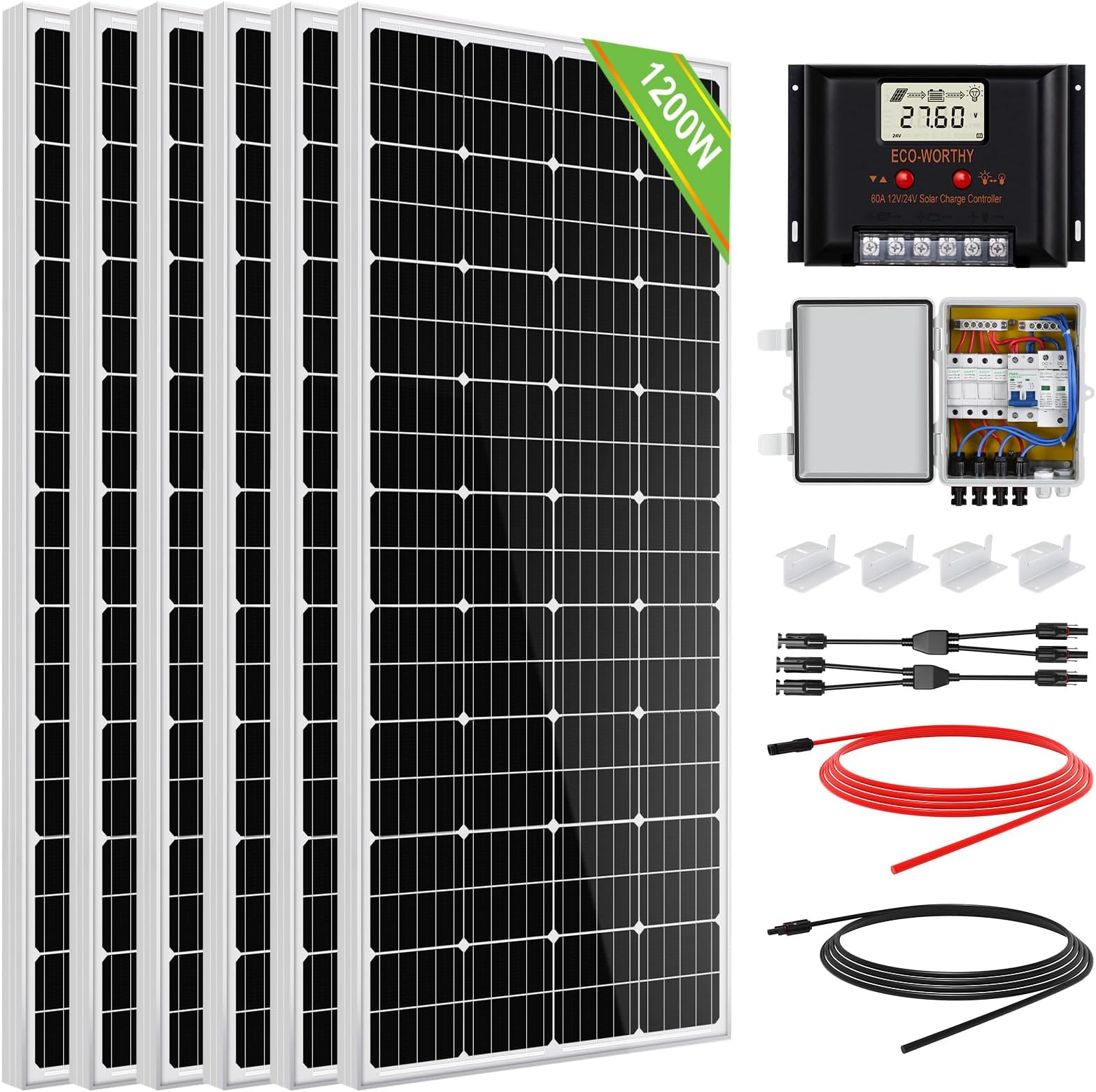 ECO-WORTHY 1200W 24V 4.68Wh/Day Solar System:6pcs 195W 12V Solar ...