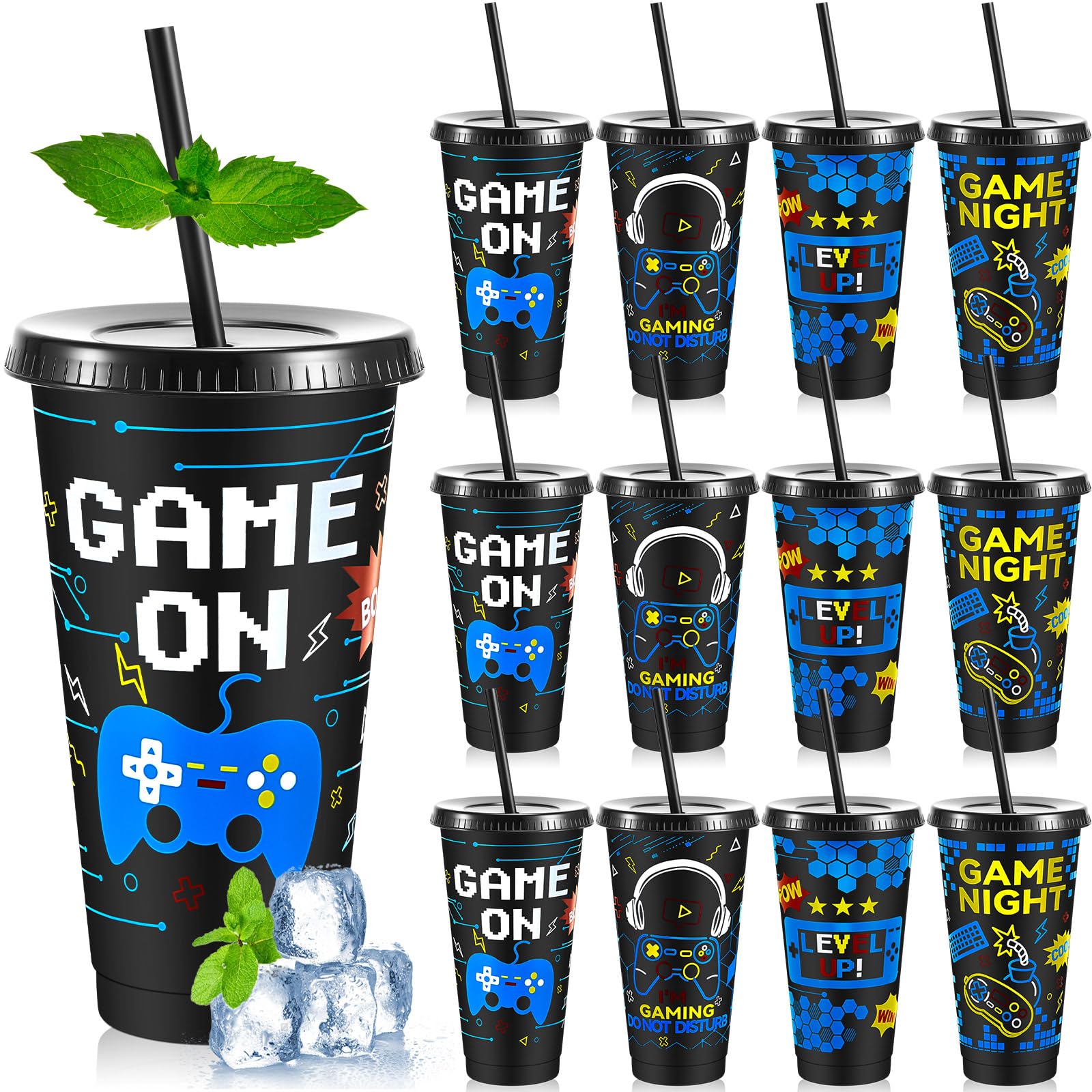 Amazon.com: Uiifan 12 Pcs 24oz Video Game Plastic Cups with Lids and ...