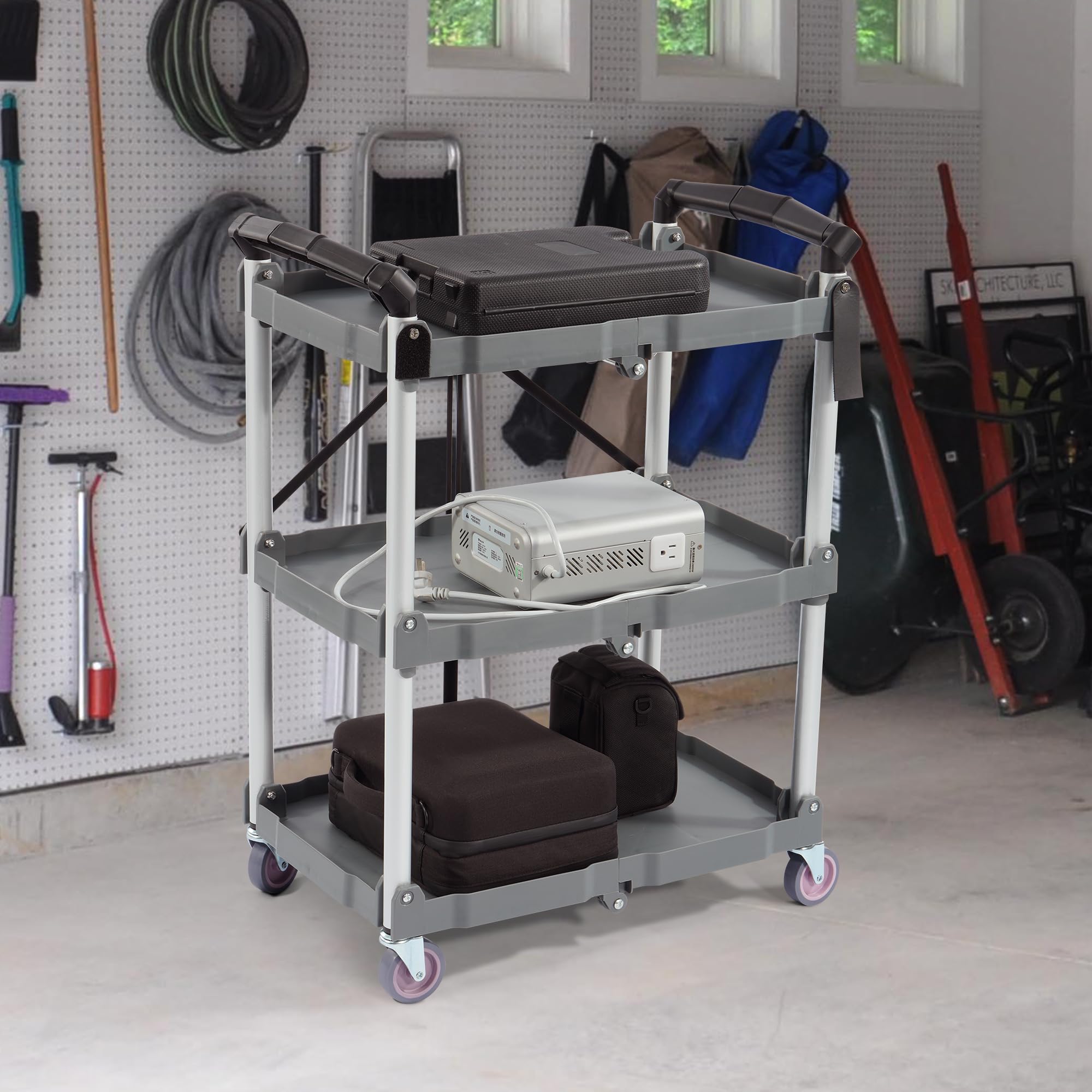 Snapklik.com : Elevon Aluminum Service Push Cart Portable Utility 3 Tier Collapsible Shelving Unit
