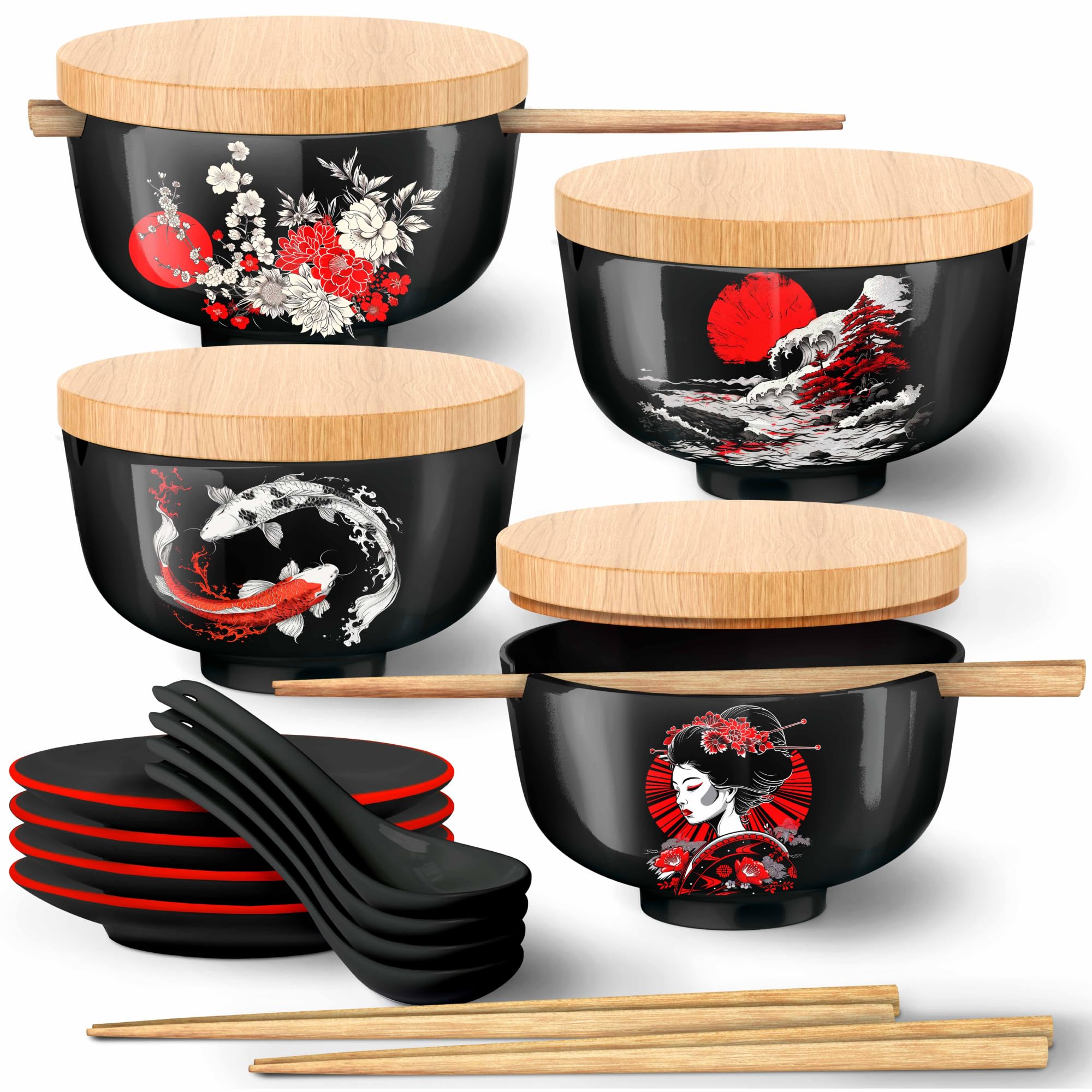 Amazon.com: i2 Home Japanese Ramen Bowl Set of 4-20 Pcs, 32 Oz Ceramic ...