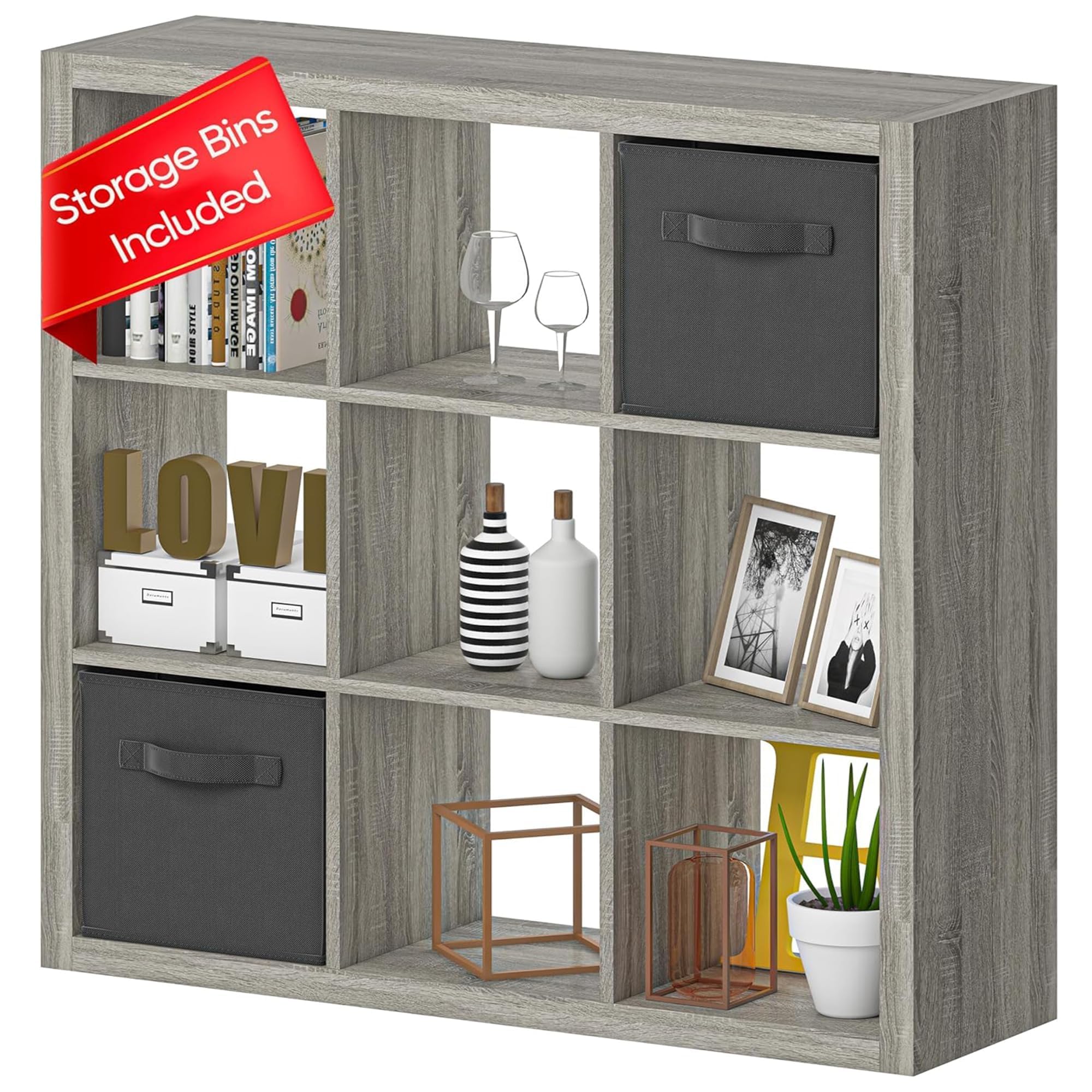 Amazon.com: Bookshelf with Storage Bins, 9-Cube Storage Organizer ...