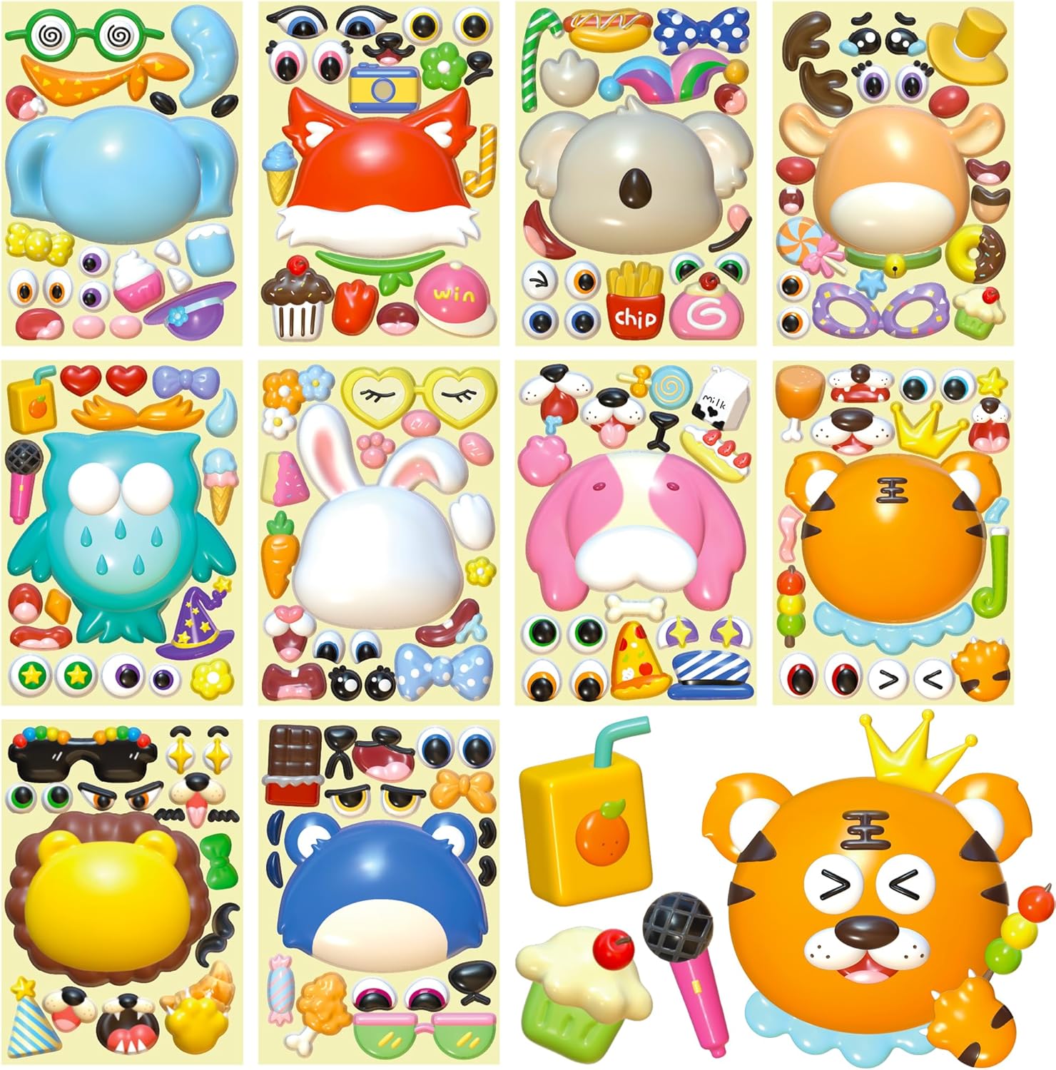 Amazon.com: 50 PCS Make-a-face Sticker Sheets, 3D Cute Animals Stickers ...