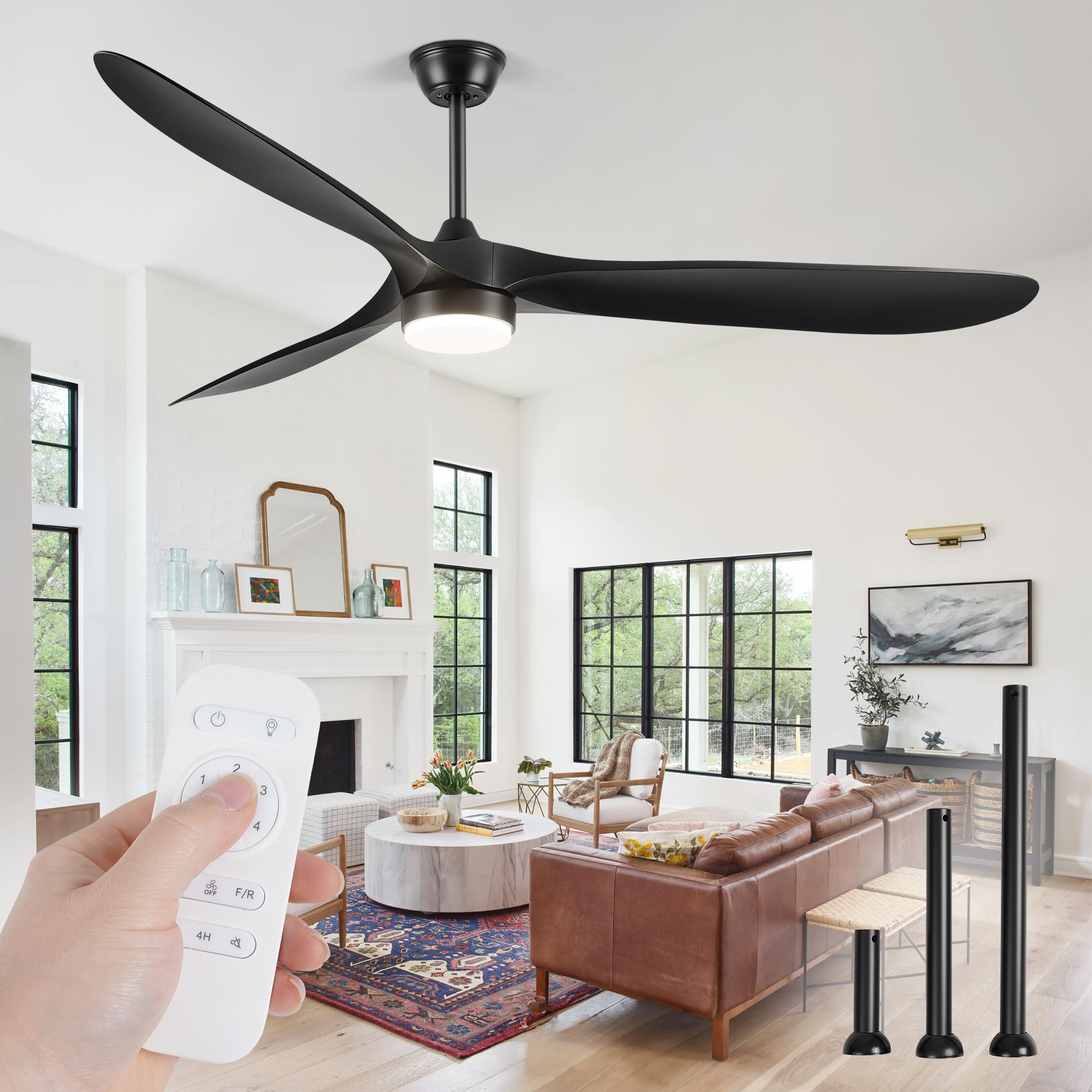 ZMISHIBO 70 Inch Outdoor Ceiling Fan，Black Modern Ceiling Fans with ...