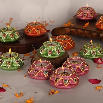 Amazon.com: 4OUR FAITH Multicolor Clay MATKI Wax Filled Decorated Diya ...