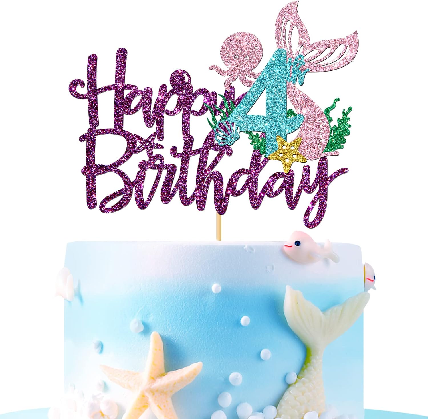 Amazon.com: Mermaid Happy 4th Brithday Cake Topper - Under The Sea ...