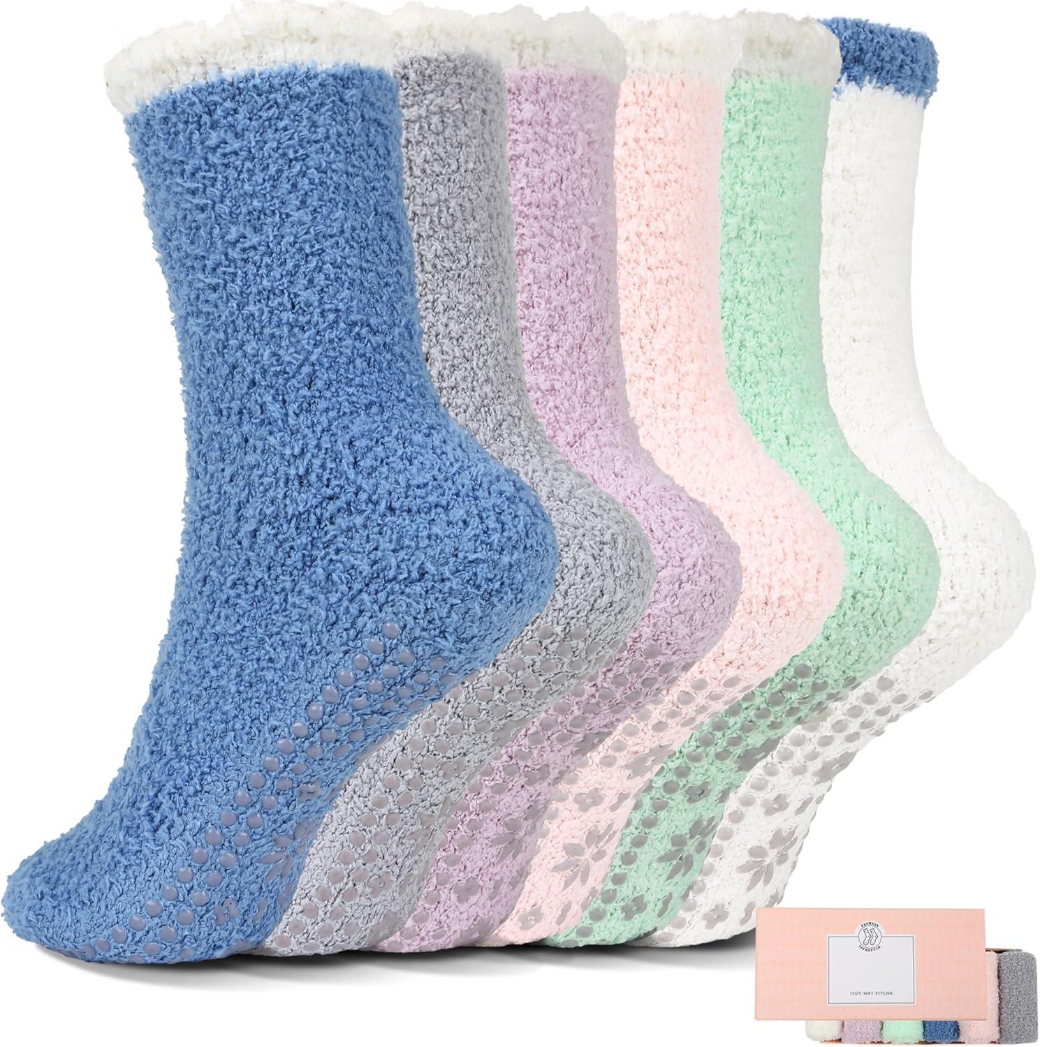 HUGSWEET 6 Pairs Thick Fuzzy Socks with Grip Cozy Non Slip Hospital ...