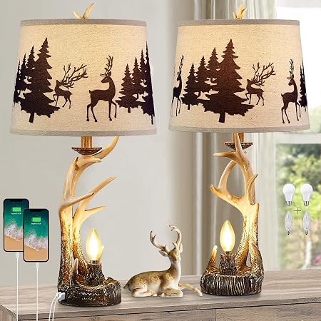 Youthost Farmhouse Table Lamps Set of 2 for Living Room, Rustic Deer ...