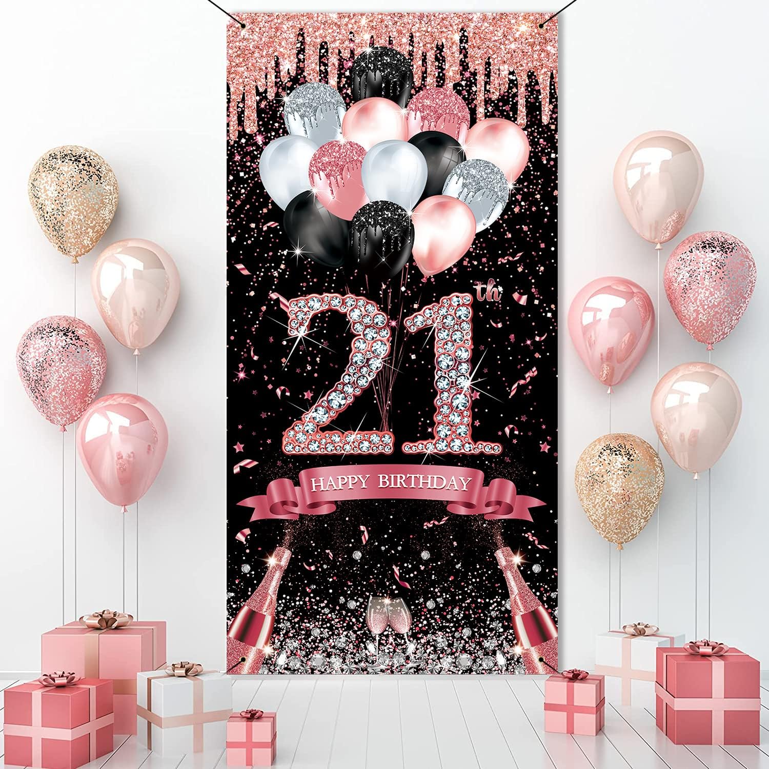 Amazon.com: 3x6ft 21th Pink Black Birthday Banner Backdrop Rose Gold ...