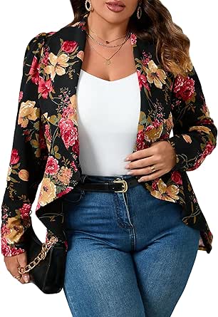 WDIRARA Women's Plus Size Floral Print Open Front Blazer Long Sleeve ...
