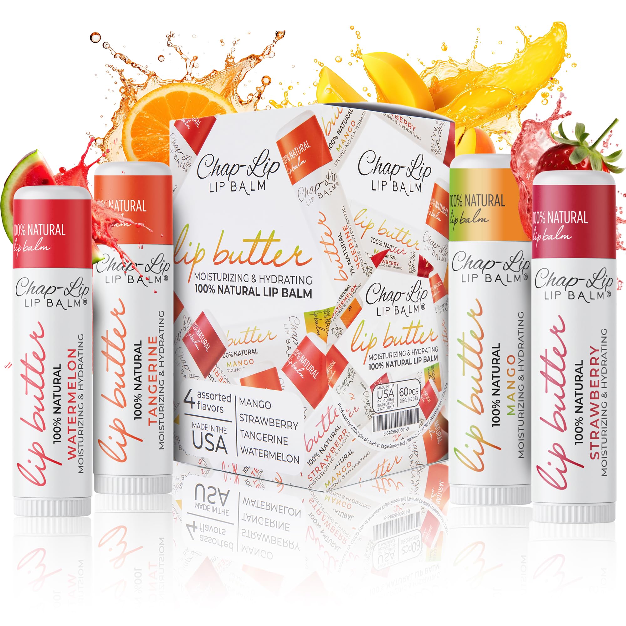 CHAP-LIP Lip Balm 60 Ct. with Fruit Flavors, Cocoa Butter, Coconut Oil ...