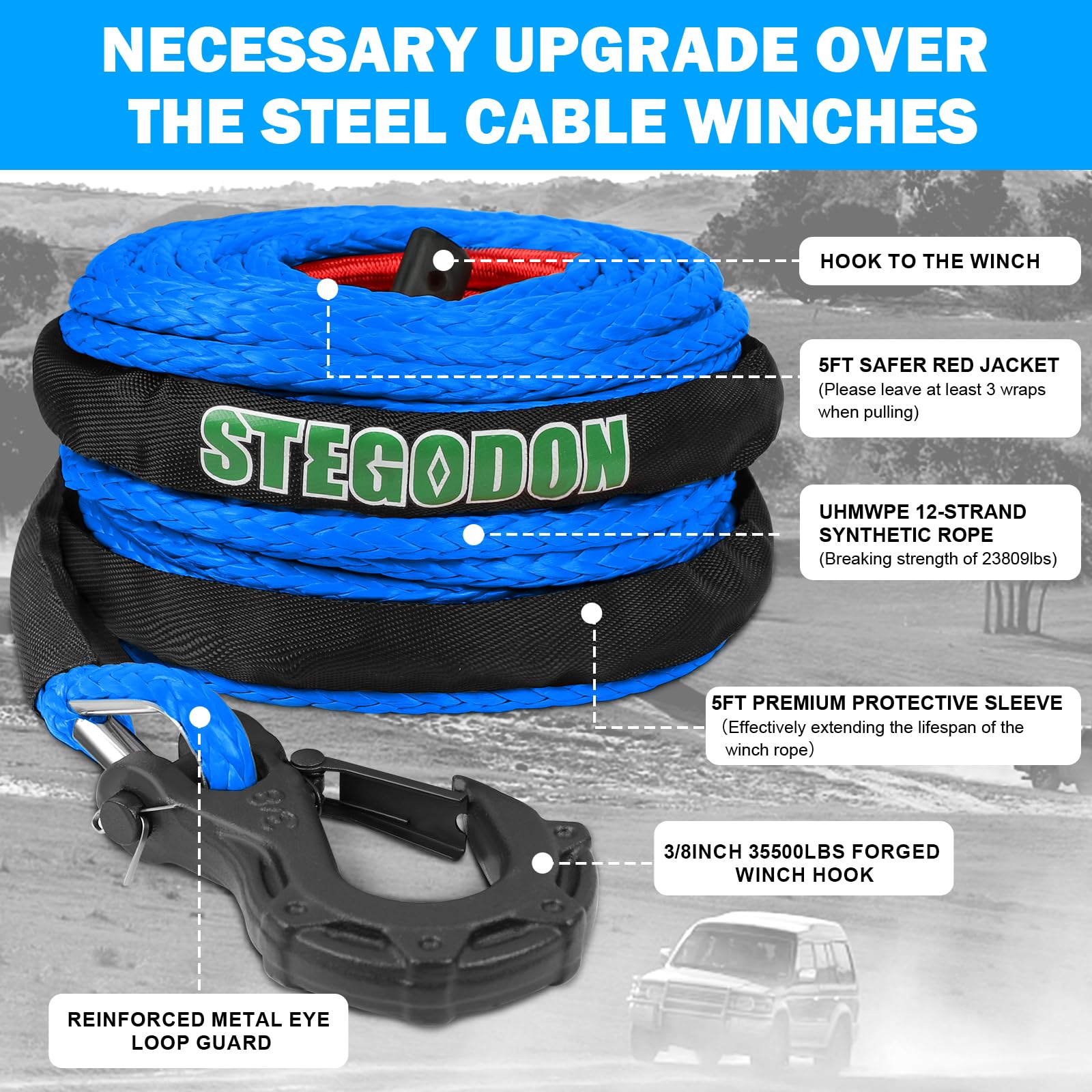 Snapklik.com : STEGODON 3/8inch X 100ft Synthetic Winch Rope Kit ...