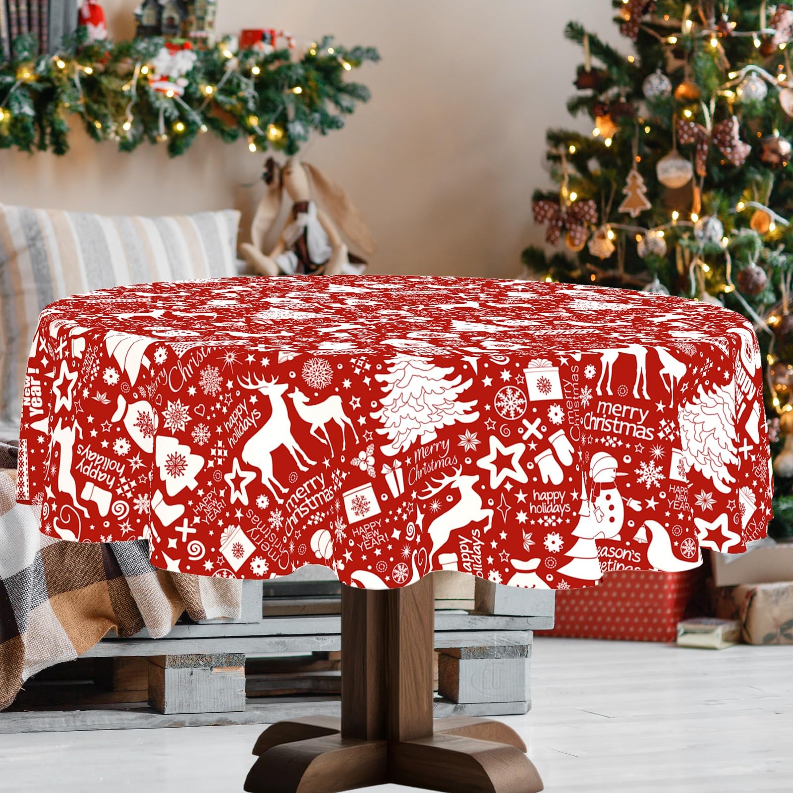 Amazon.com: YOSTEV Christmas Tablecloth, 60 Round Red Christmas Tree ...