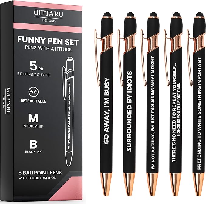 GIFTARU Funny Pens, Pack of 5 Novelty Pen Set, Gift for Work Colleagues ...