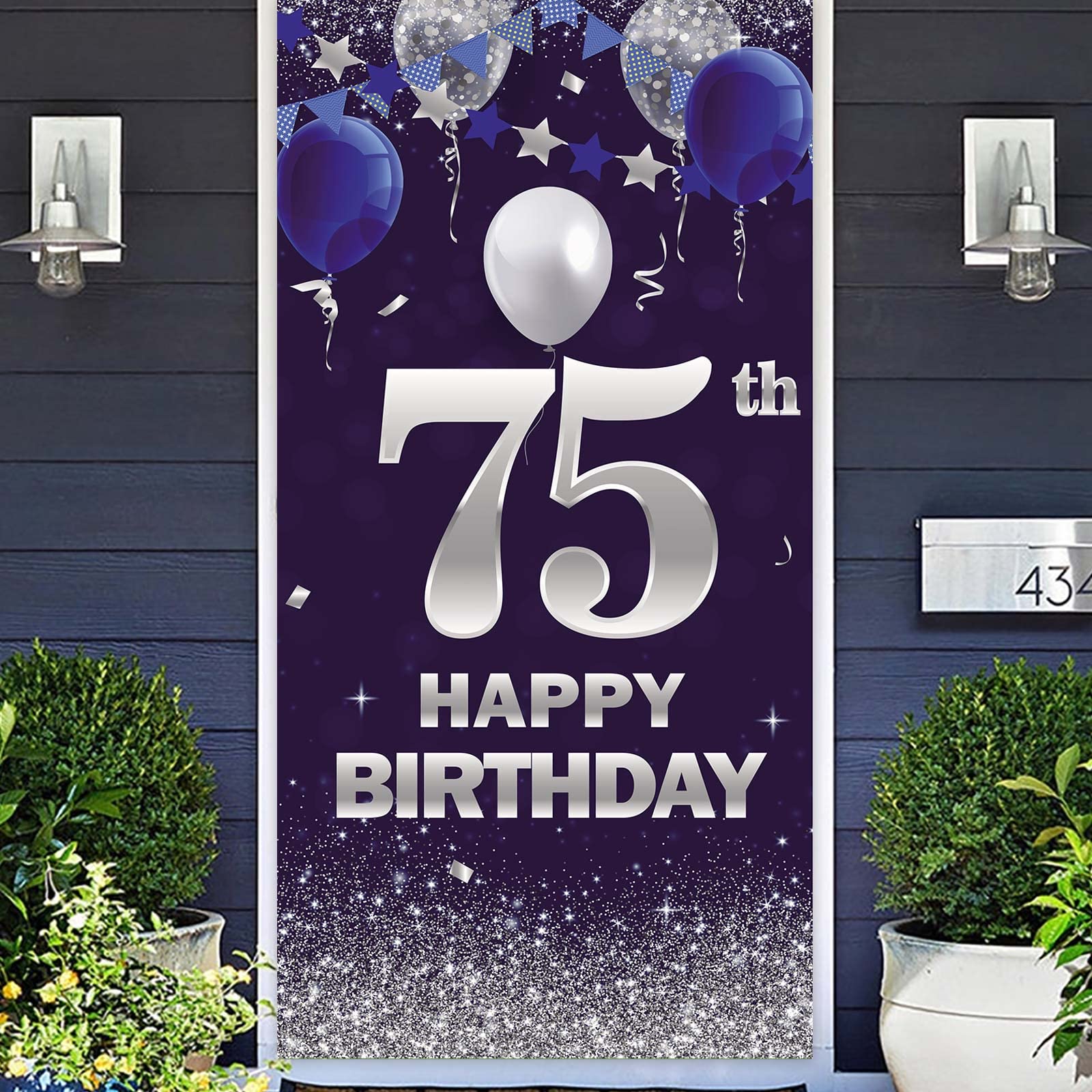 Amazon.com: Happy 75th Birthday Banner Backdrop Navy Blue and Silver ...