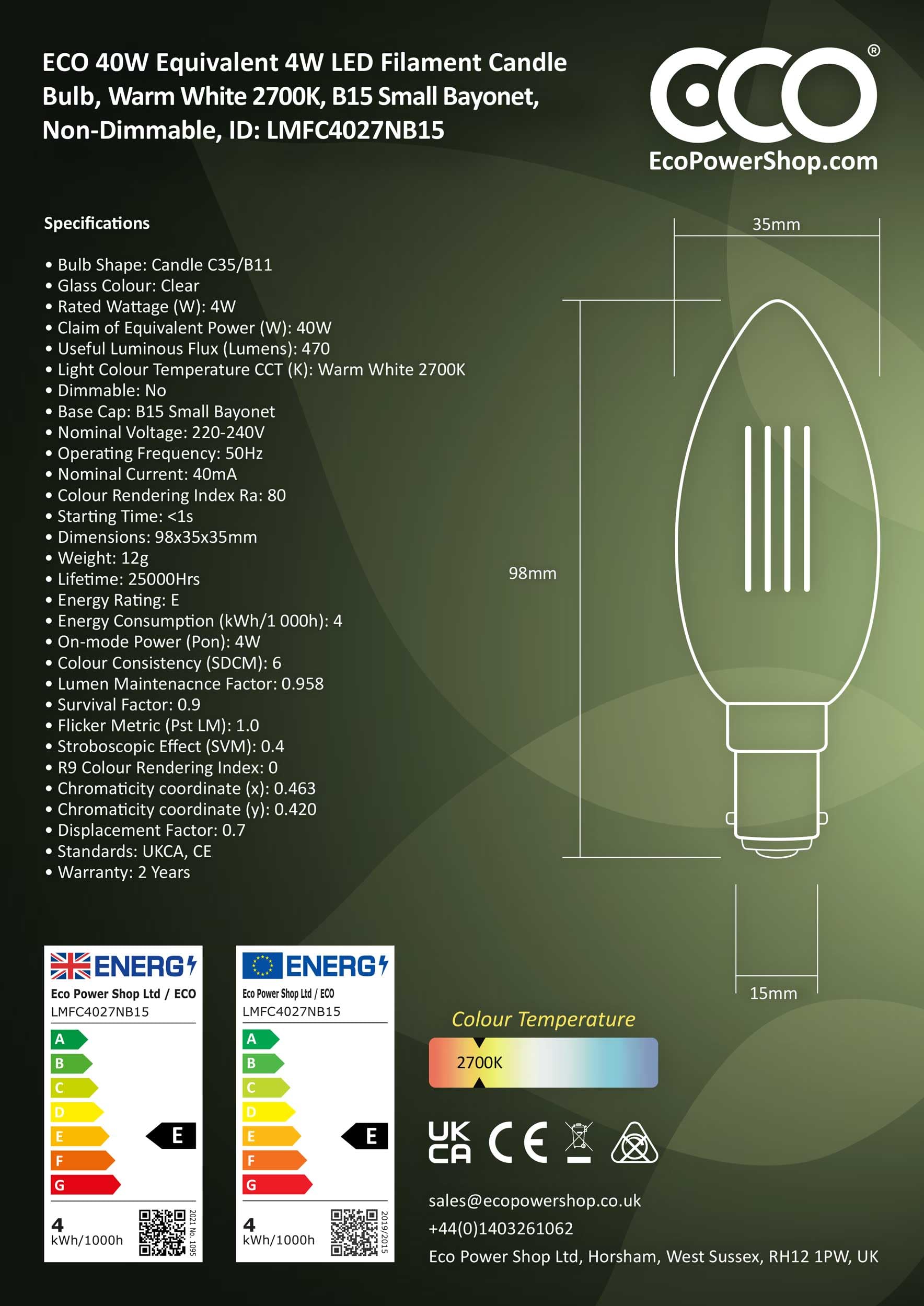 ECO 40W Equivalent 4W LED Filament Candle Light Bulb, 470 Lumens, Warm ...