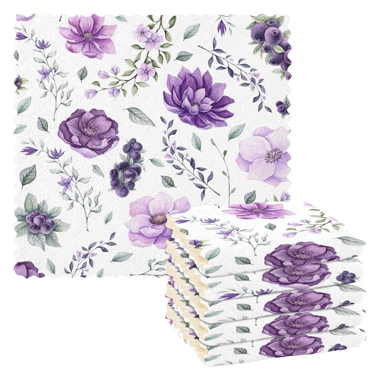 Amazon.com: CaTaKu Purple Floral Watercolor Microfiber Cleaning Cloths ...