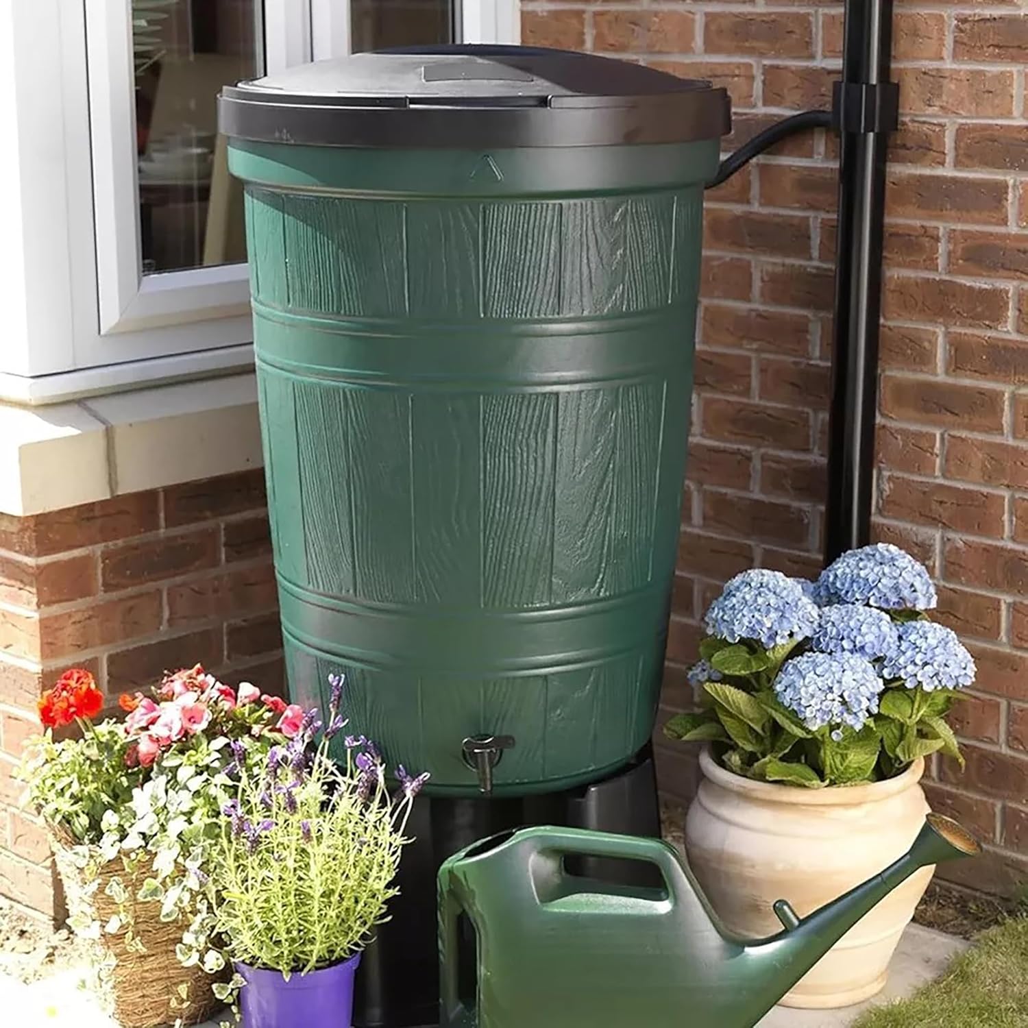 200L Litre Wood Effect Green Barrel Water Butt with Child Safe Locking ...