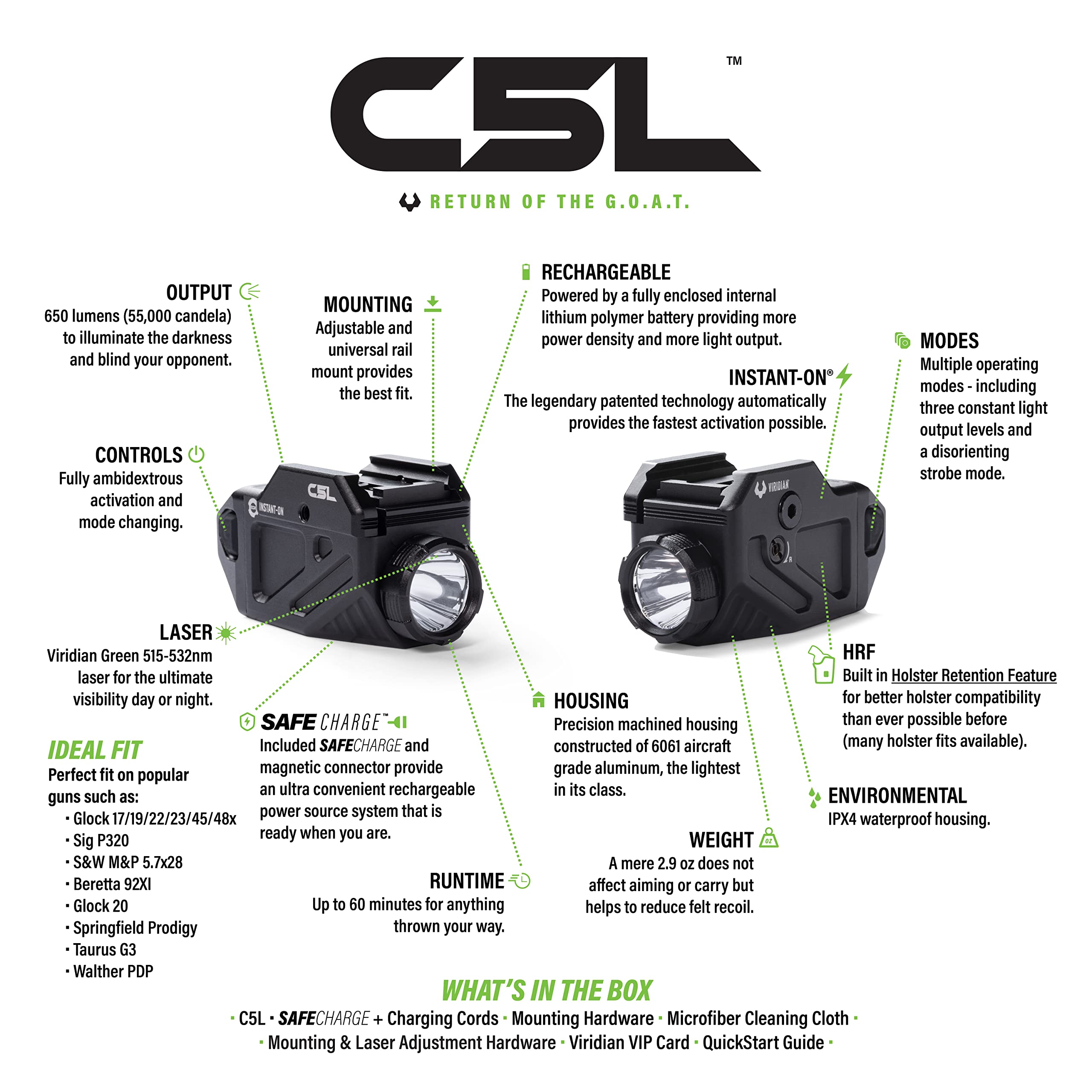 Viridian New C5L Rechargeable Universal Compact Weapon Green Laser ...