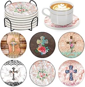 Amazon.com: 6 Pcs Crosses Ceramic Coasters with Holder Round Religious ...