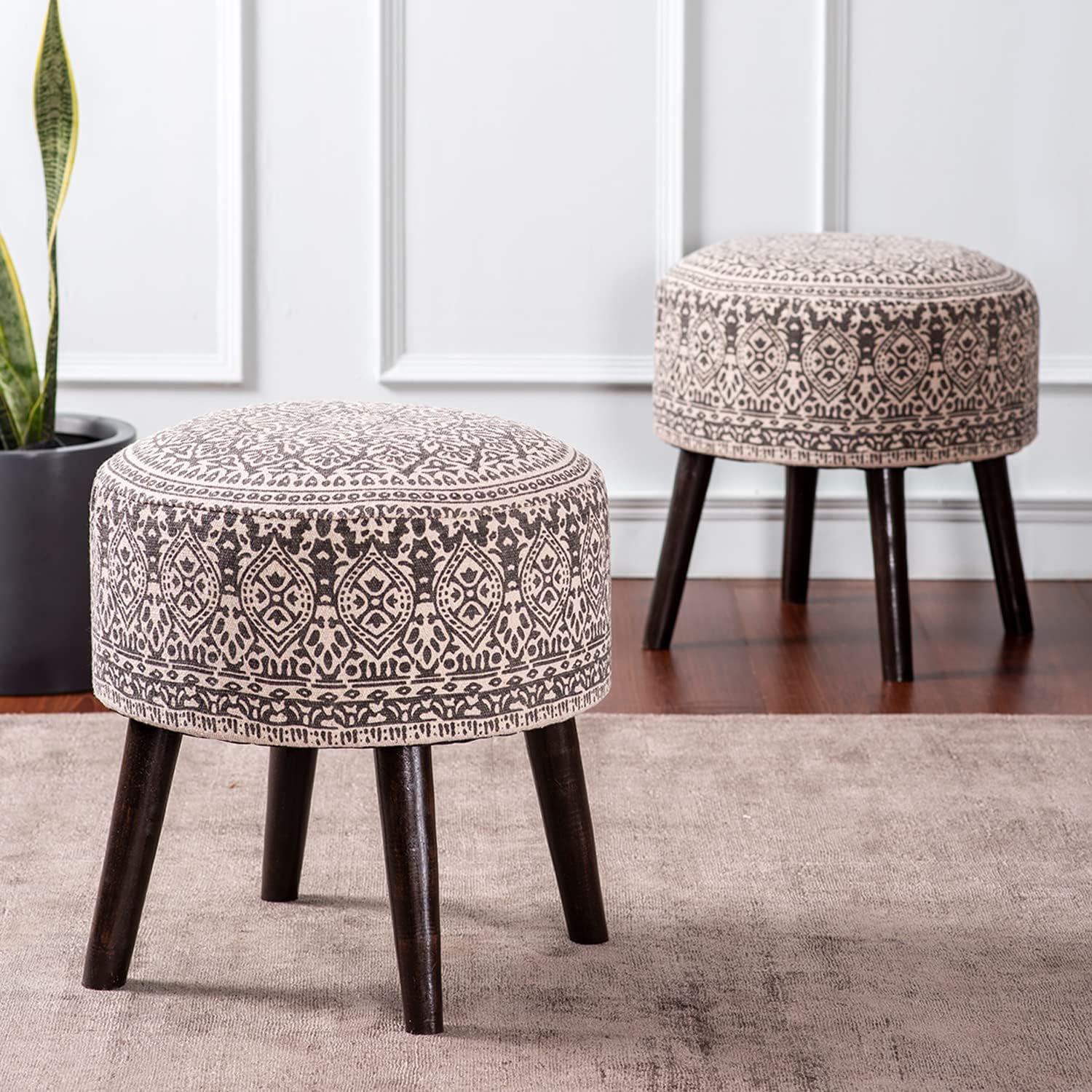 nestroots Set of 2 Wooden Ottoman Stool for Living Room | Printed ...