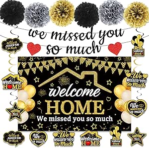 Amazon.com: Welcome Home Banner Decorations, Black Gold Welcome Back Party Supplies Kit - Pre ...