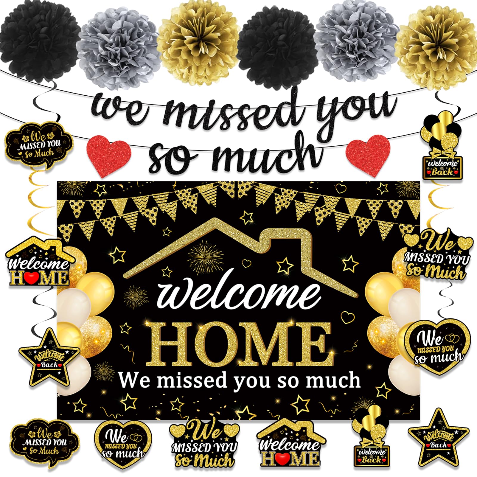 Amazon.com: Welcome Home Banner Decorations, Black Gold Welcome Back ...