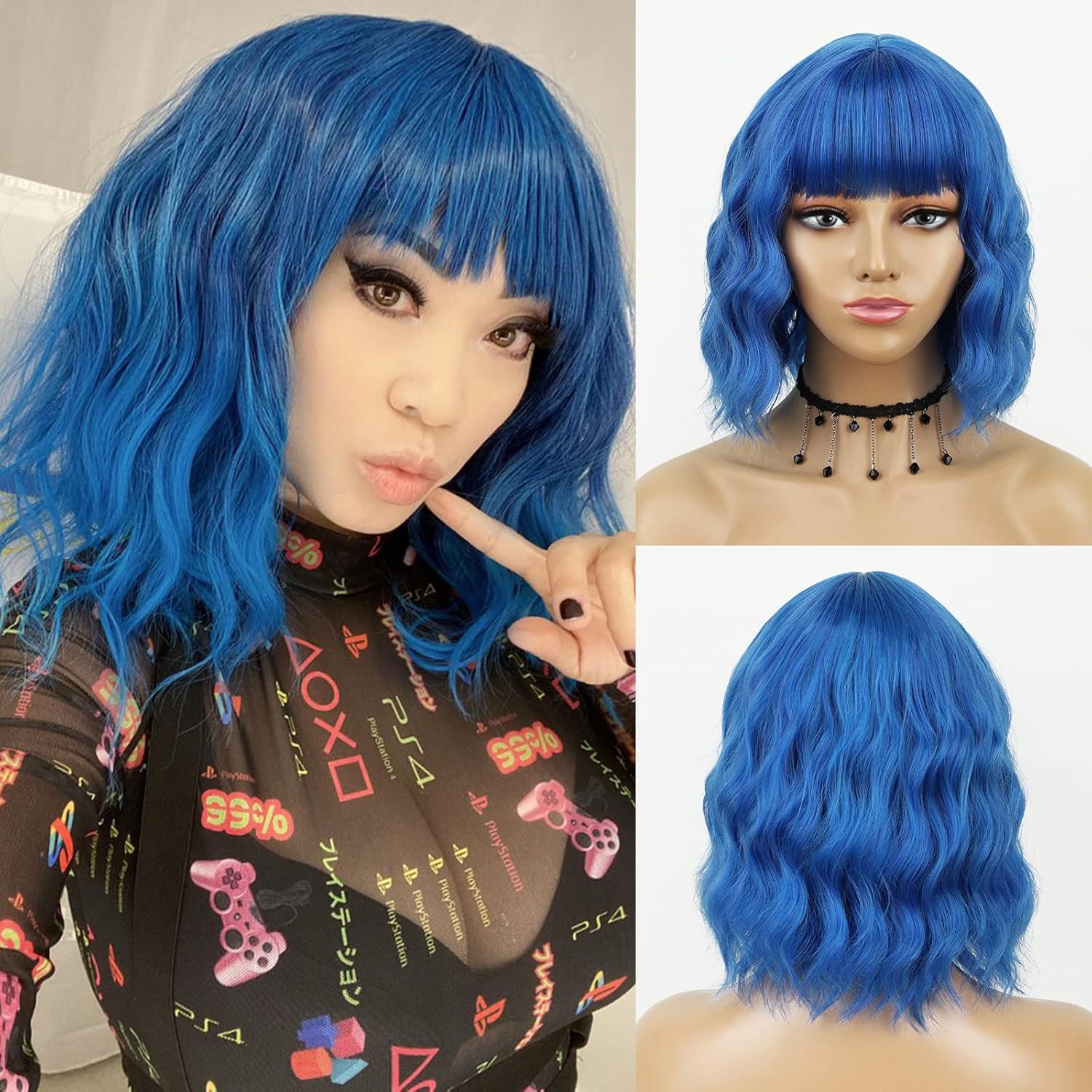 Amazon.com : NOOMBY Blue Wig with Bangs Dark Blue Wig for Women Wavy ...