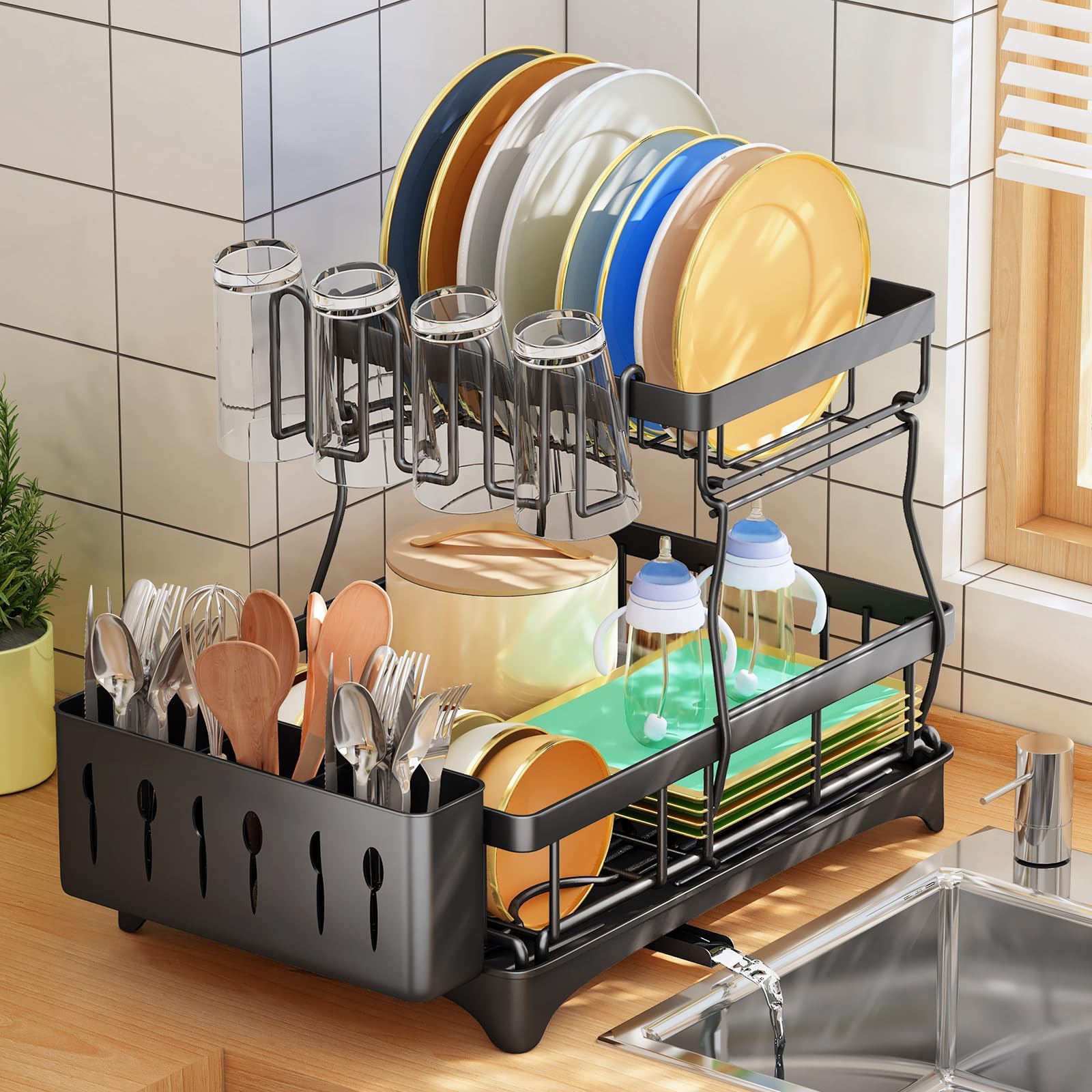 Amazon.com - Dish Drying Rack - 2 Tier Dish Drying Rack and Drainboard ...