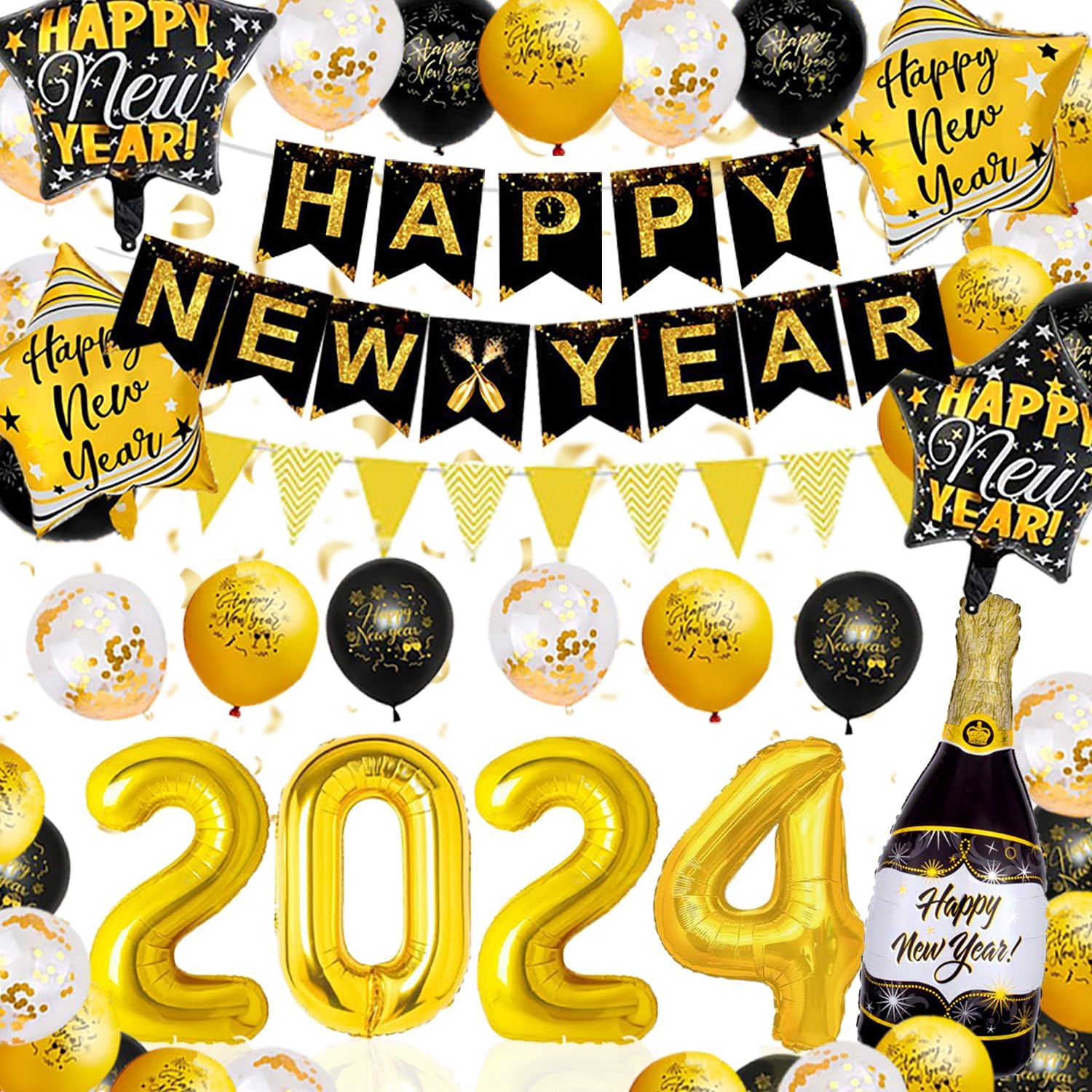 Happy New Year Decorations 2024 Kit - Black Gold New Years Eve Party ...