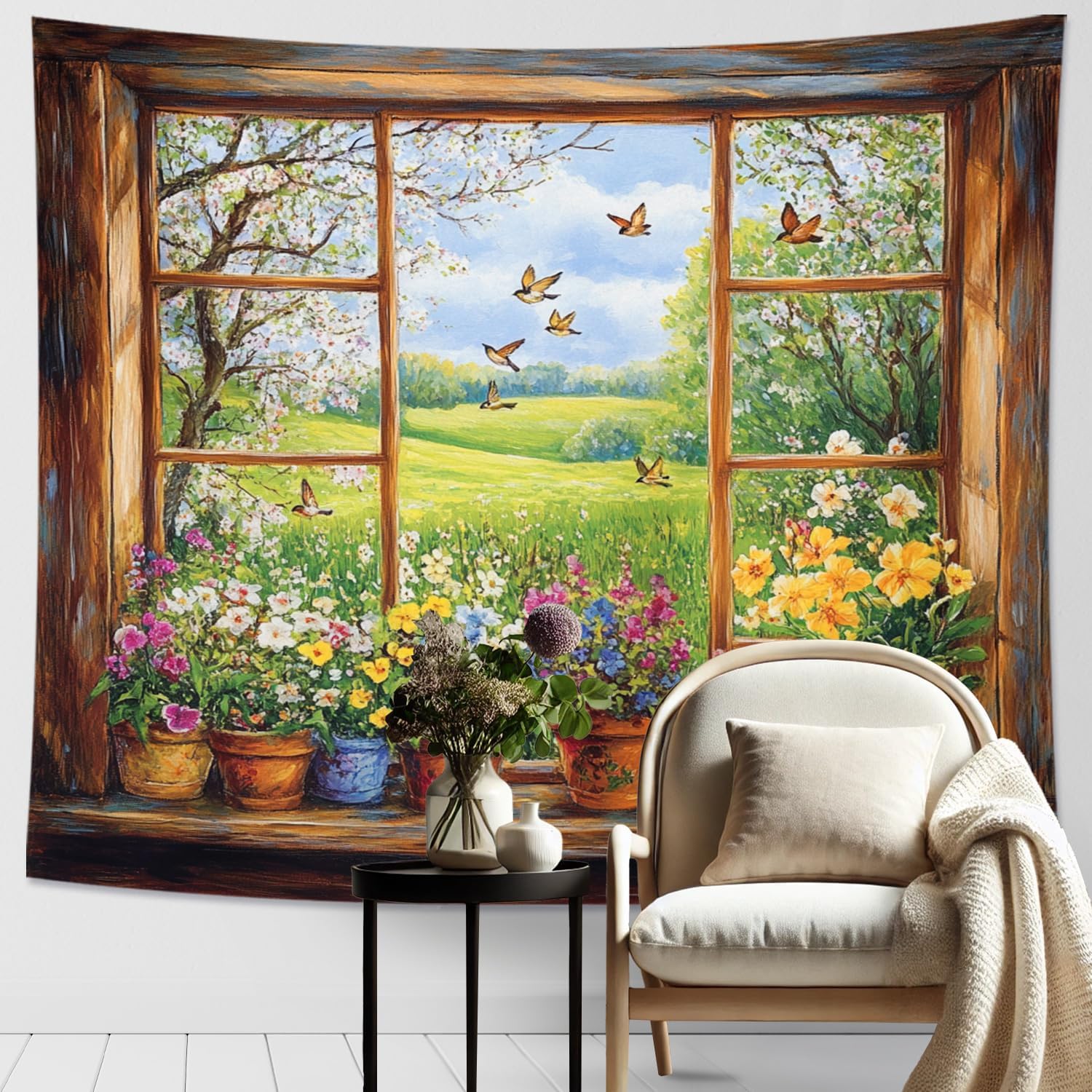 Amazon.com: Spring Garden Window Tapestry, Sage Green Country Flower ...