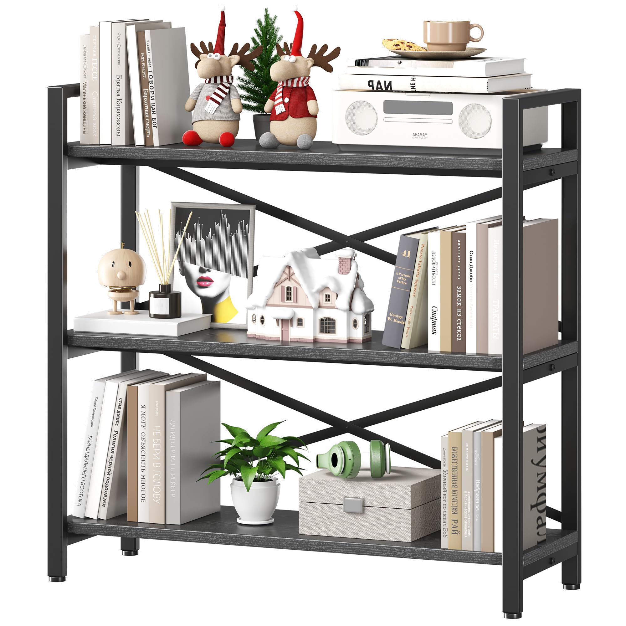 Amazon.com: Homeiju 3 Tier Bookshelf 31.49" Width, Wood and Metal ...