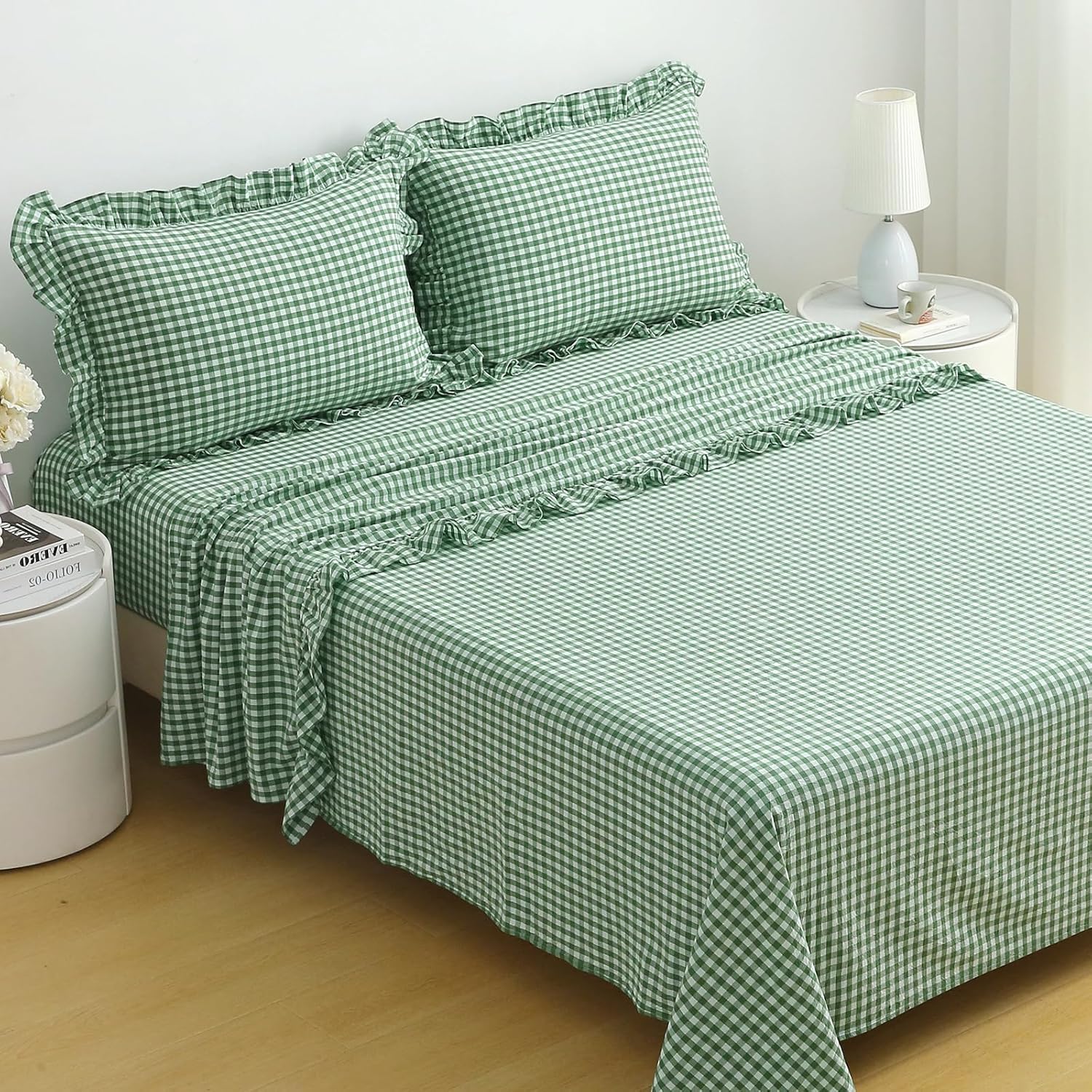 Amazon.com: K MASANIJI Green White Plaid Ruffle Gingham Sheets Full ...