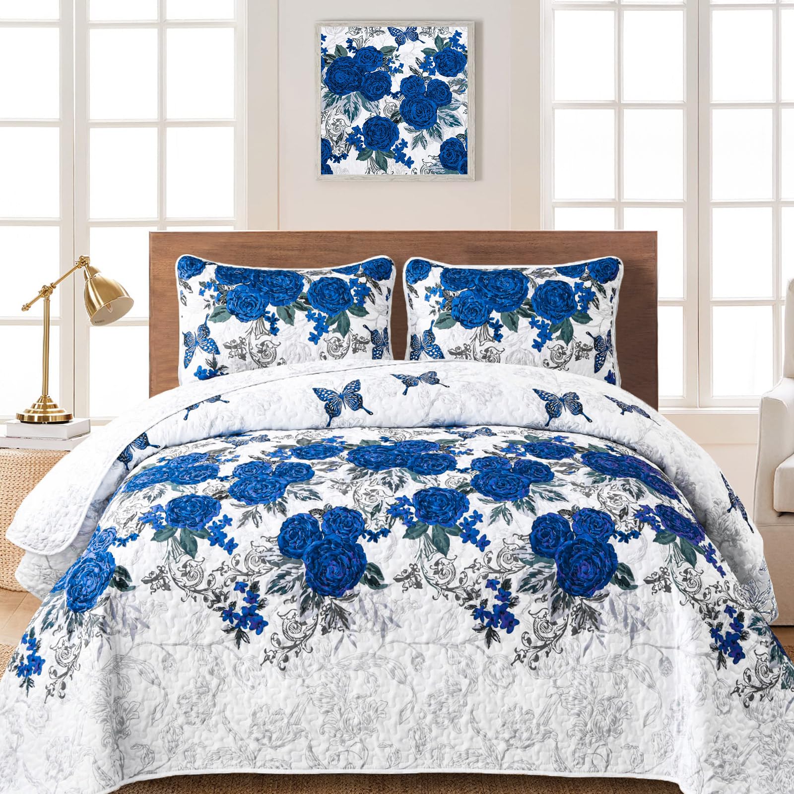 Amazon.com: Yiran Floral Quilt Set King Size Elegant Blue Rose Bedding ...