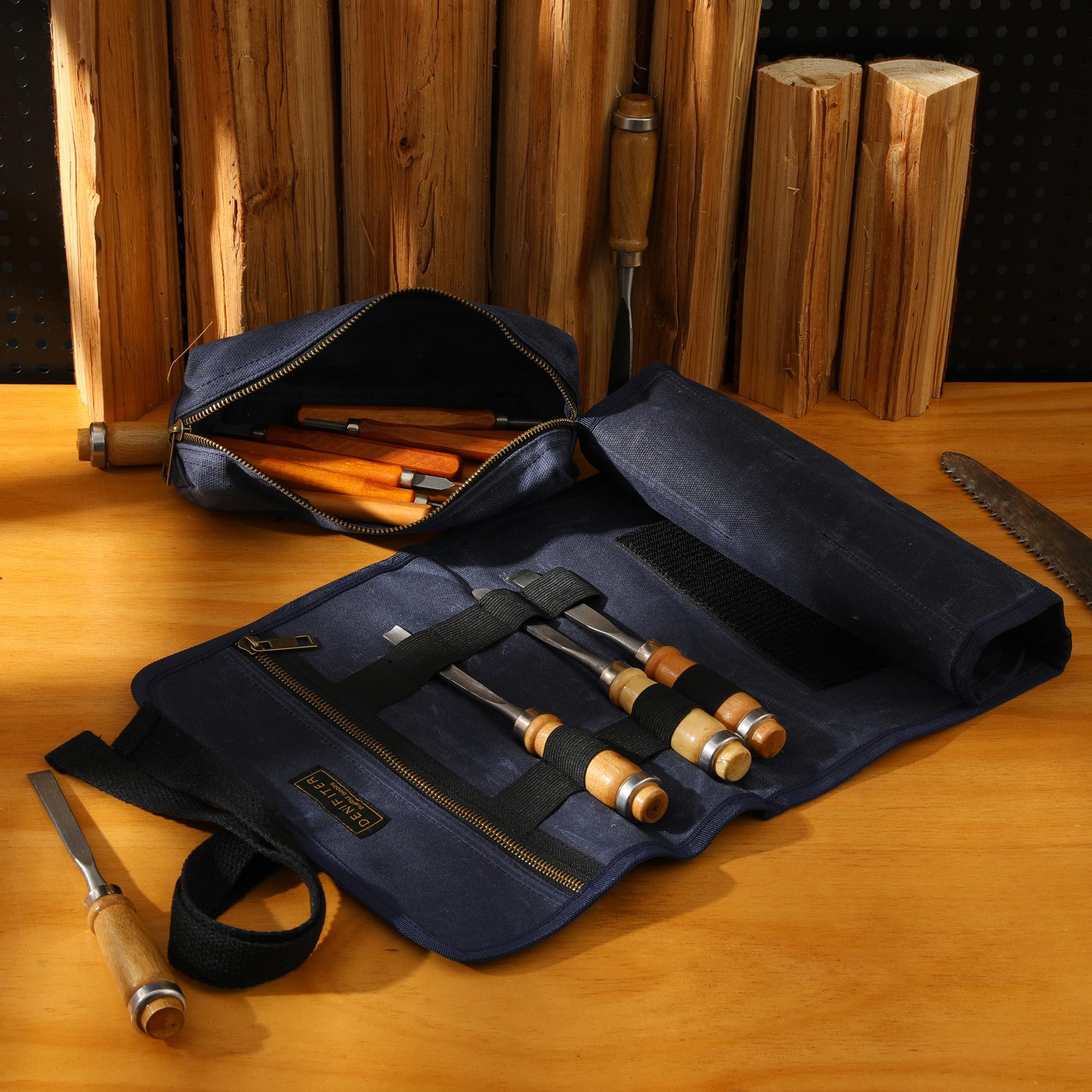 Leather Tool Roll 20-Slot Wrench Roll Up Pouch - Waxed Canvas Tool ...