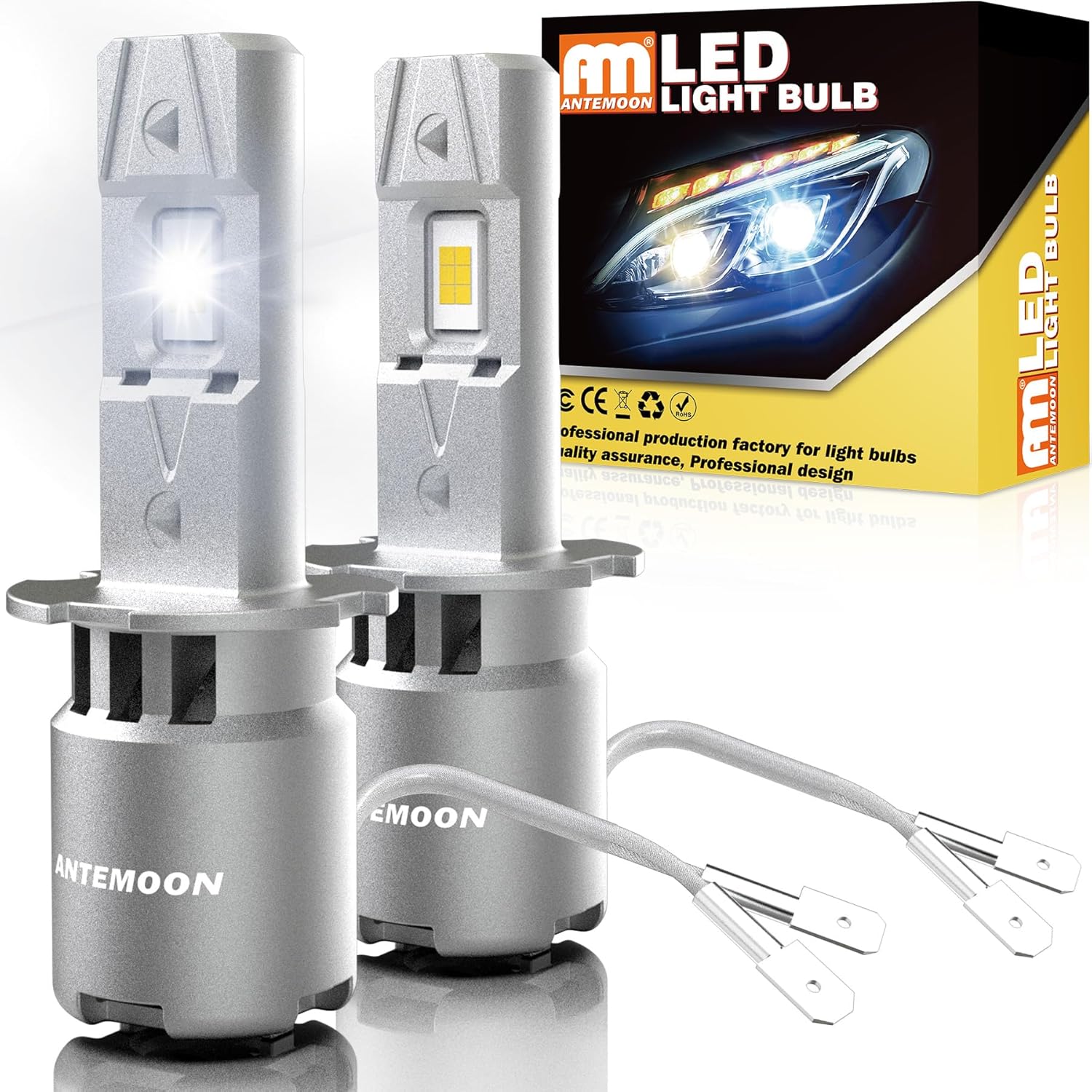 ANTEMOON H3 LED Headlight Bulb, 90W 18000LM Super Bright 6000K White H3 ...