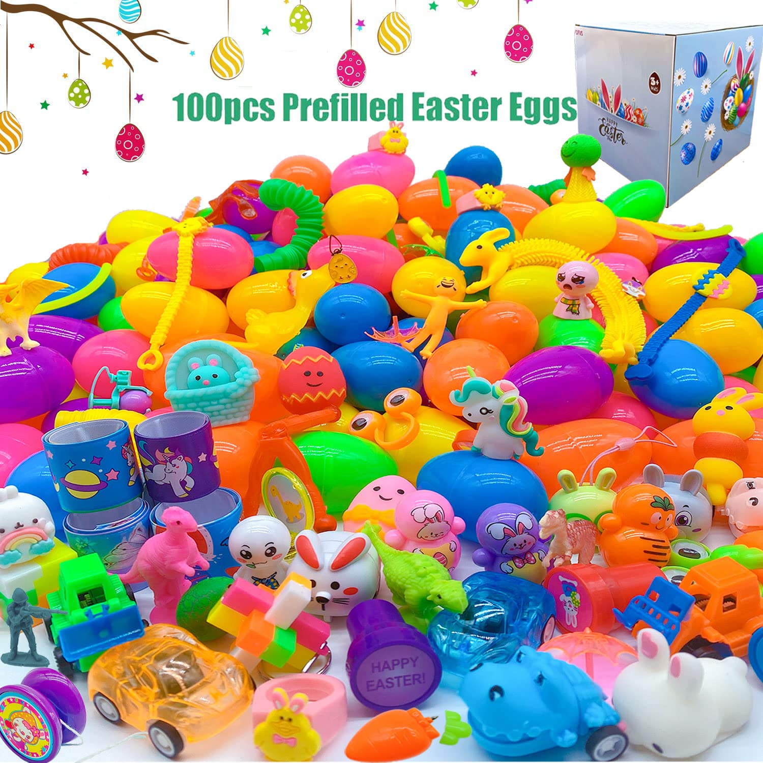 PDFVS 100 Pcs Prefilled Easter Eggs Filled with Novelty Toys,Bright ...