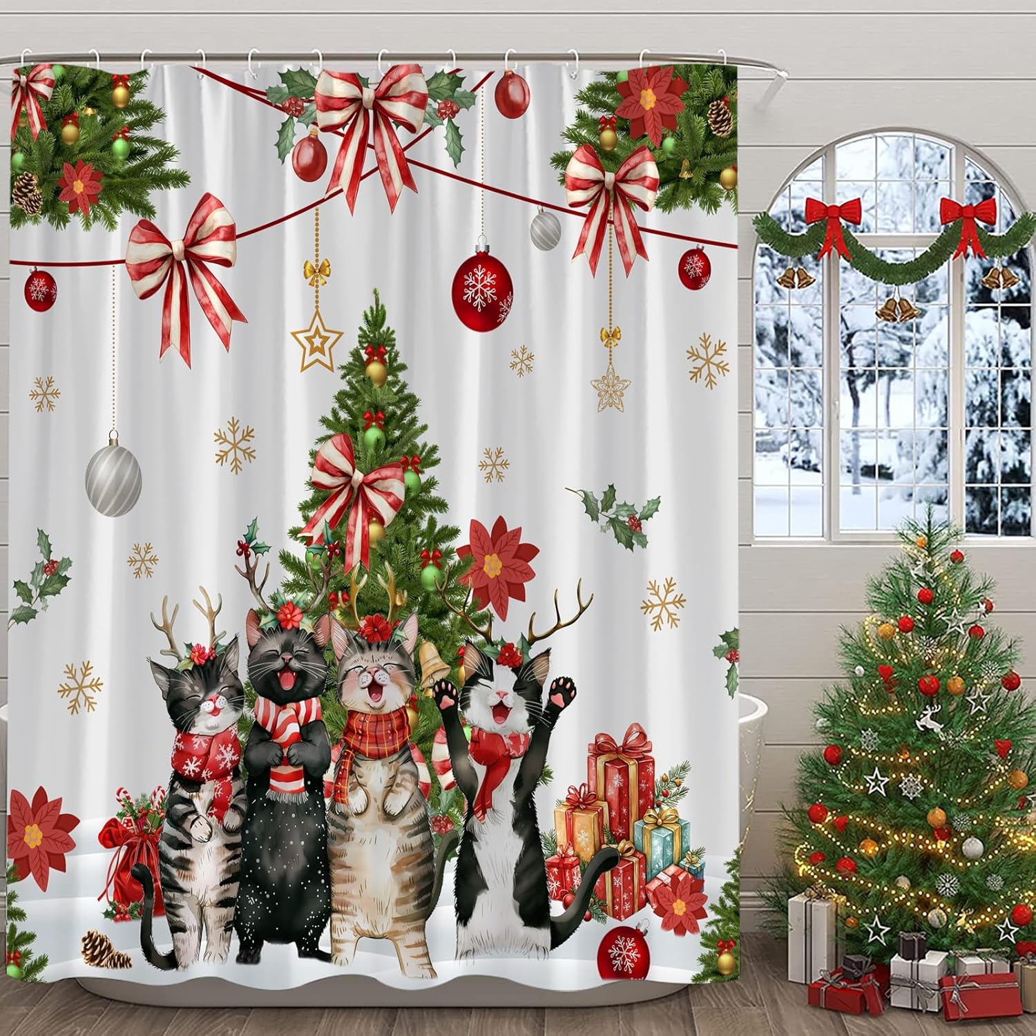 Amazon.com: ZKJSMGS Christmas Cat Shower Curtain,Xmas Tree Ball Twigs ...