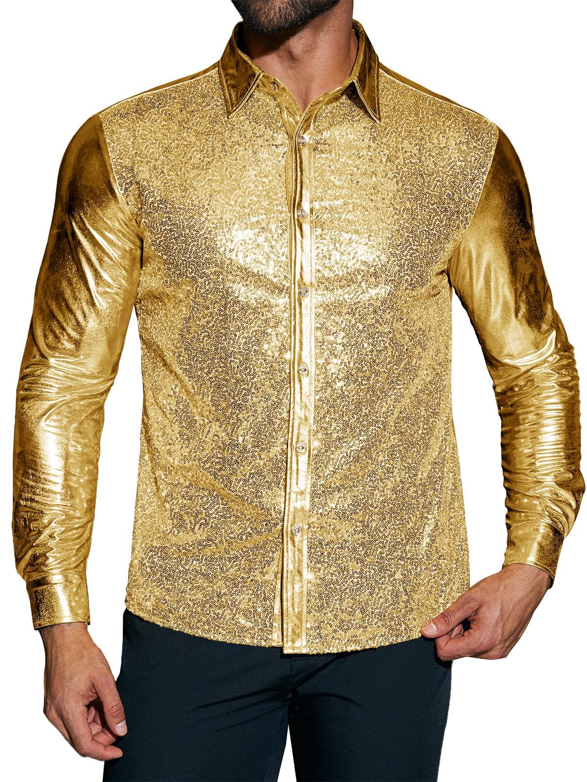 Runcati Men 70s Metallic Shirts Long Sleeve Disco Button Down Slim Fit ...