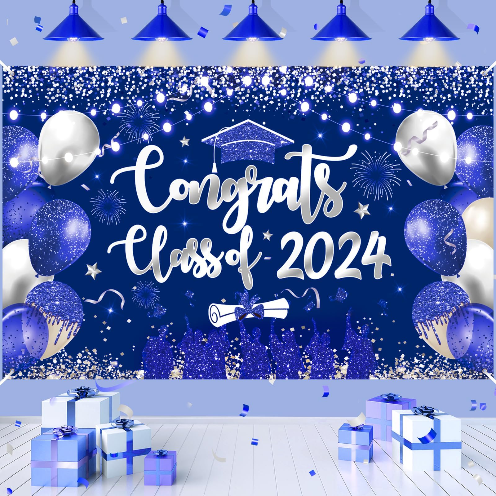 Amazon.com: Blue Silver Graduation Decorations Banner Blue Congrats ...