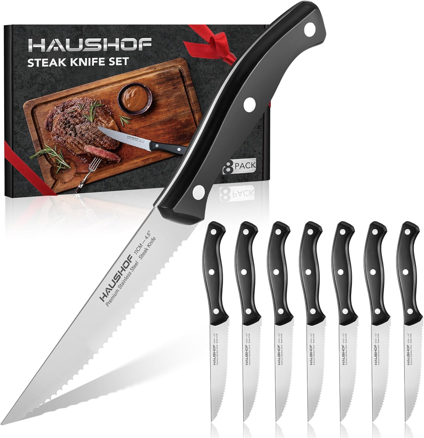 Amazon.com: HAUSHOF Steak Knives Set of 8, Premium Stainless Steel Serrated Steak Knife Set with ...