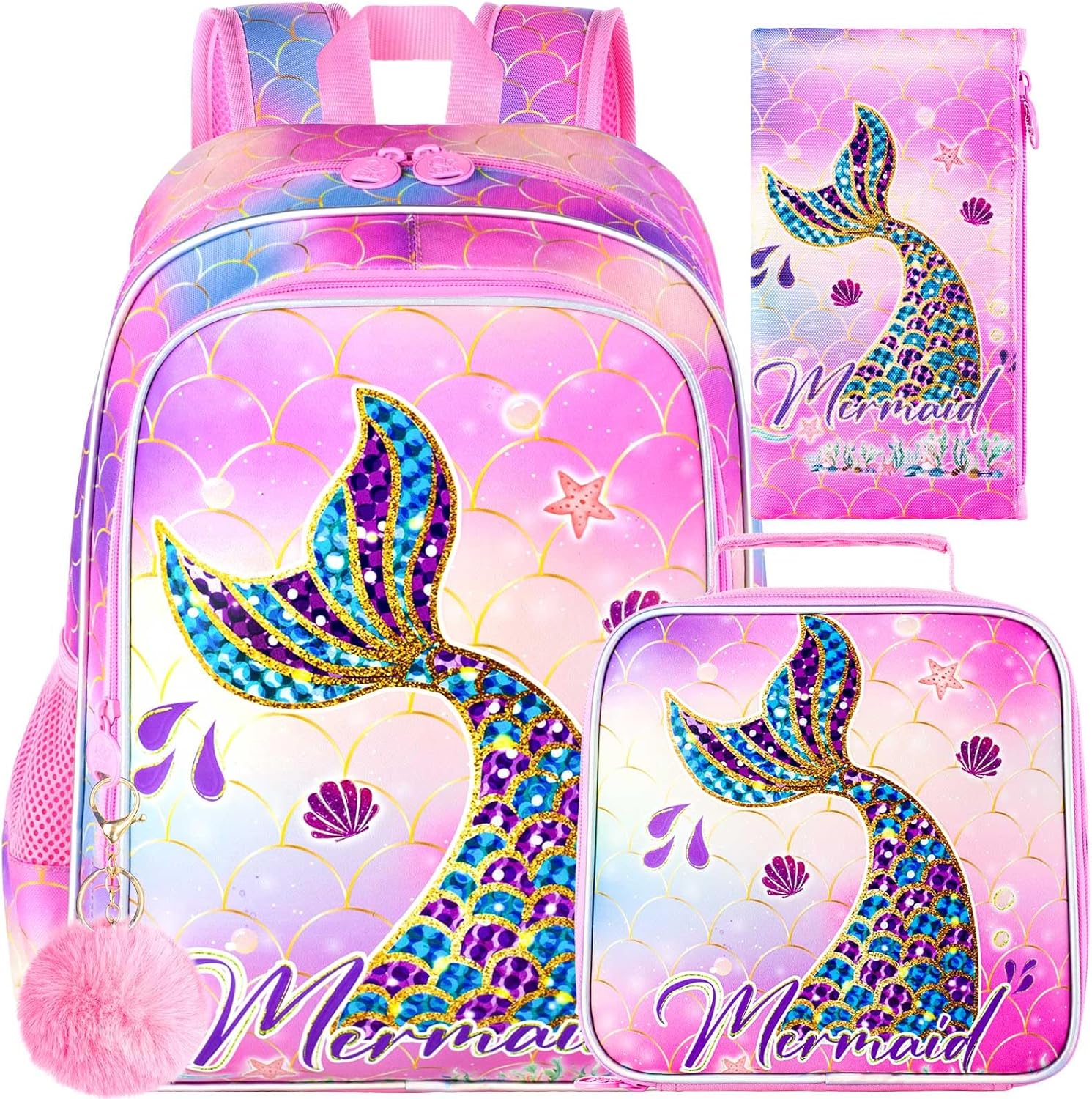 Amazon.com | HPJGD 3PCS Mermaid Backpack, Water Resistant Girls Bookbag ...