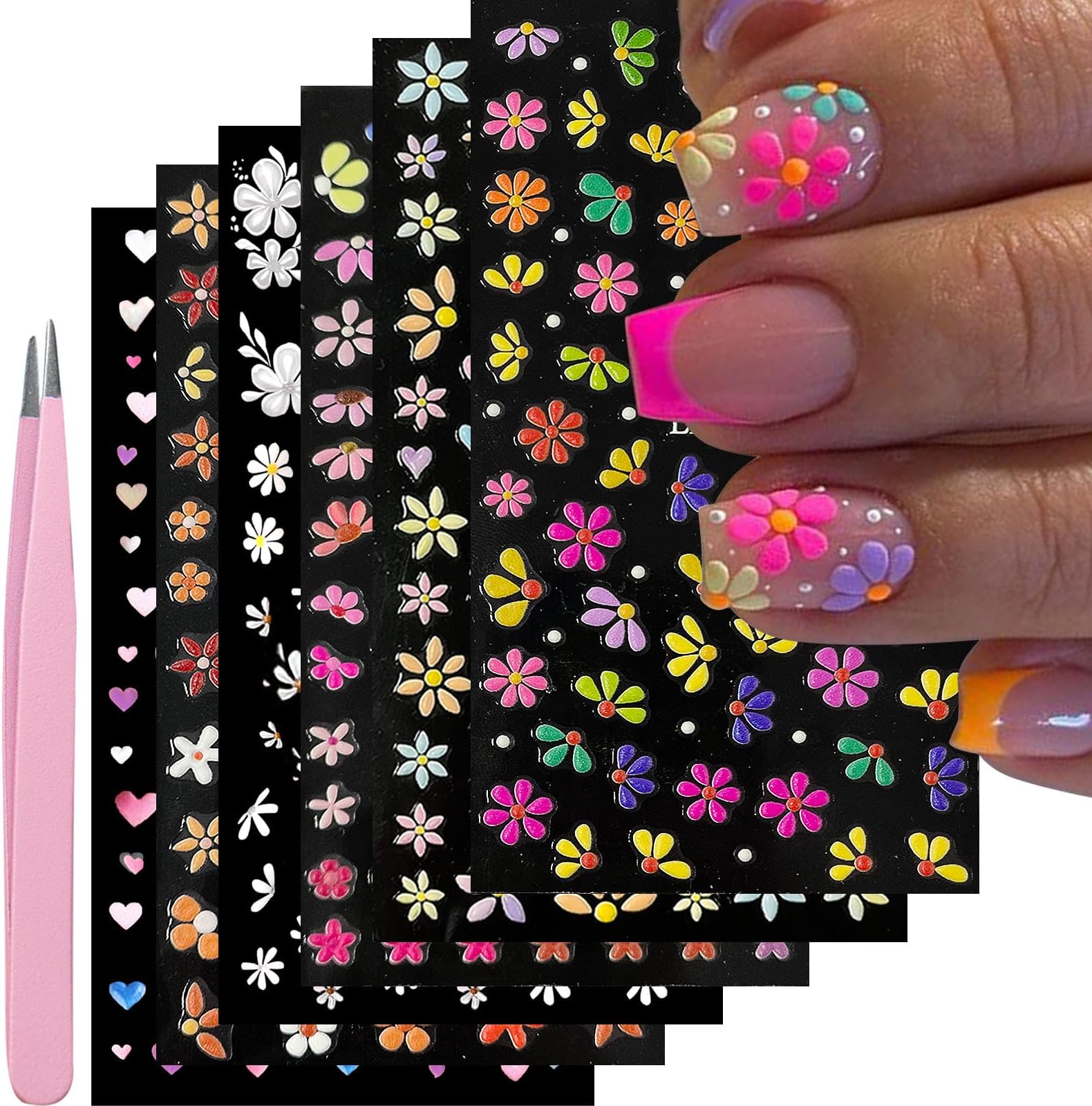 Amazon.com: 30Sheets Colorful Flower Nail Art Stickers 3D Self Adhesive ...