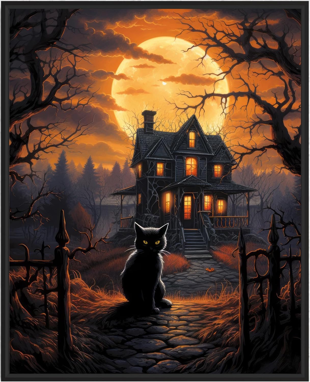 Amazon.com: Black cat and haunted house Art Poster Print, Haunted Scary ...