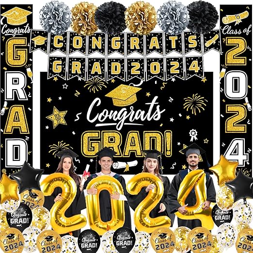 Graduation Party Decorations Black and Gold Class of 2024 Graduation ...