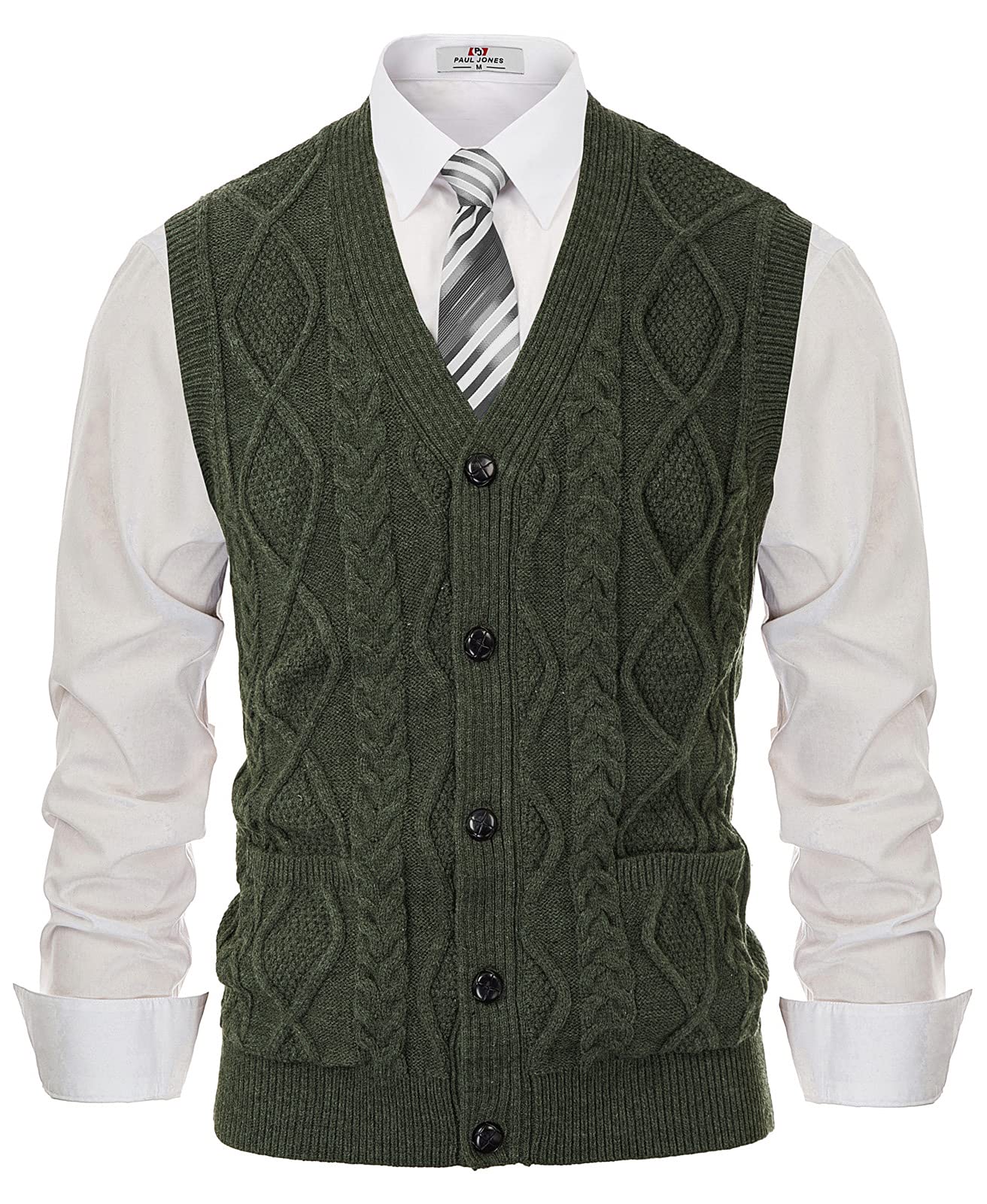 PJ PAUL JONES Men's Sweater Vest V-Neck Sleeveless Cable Knitted ...